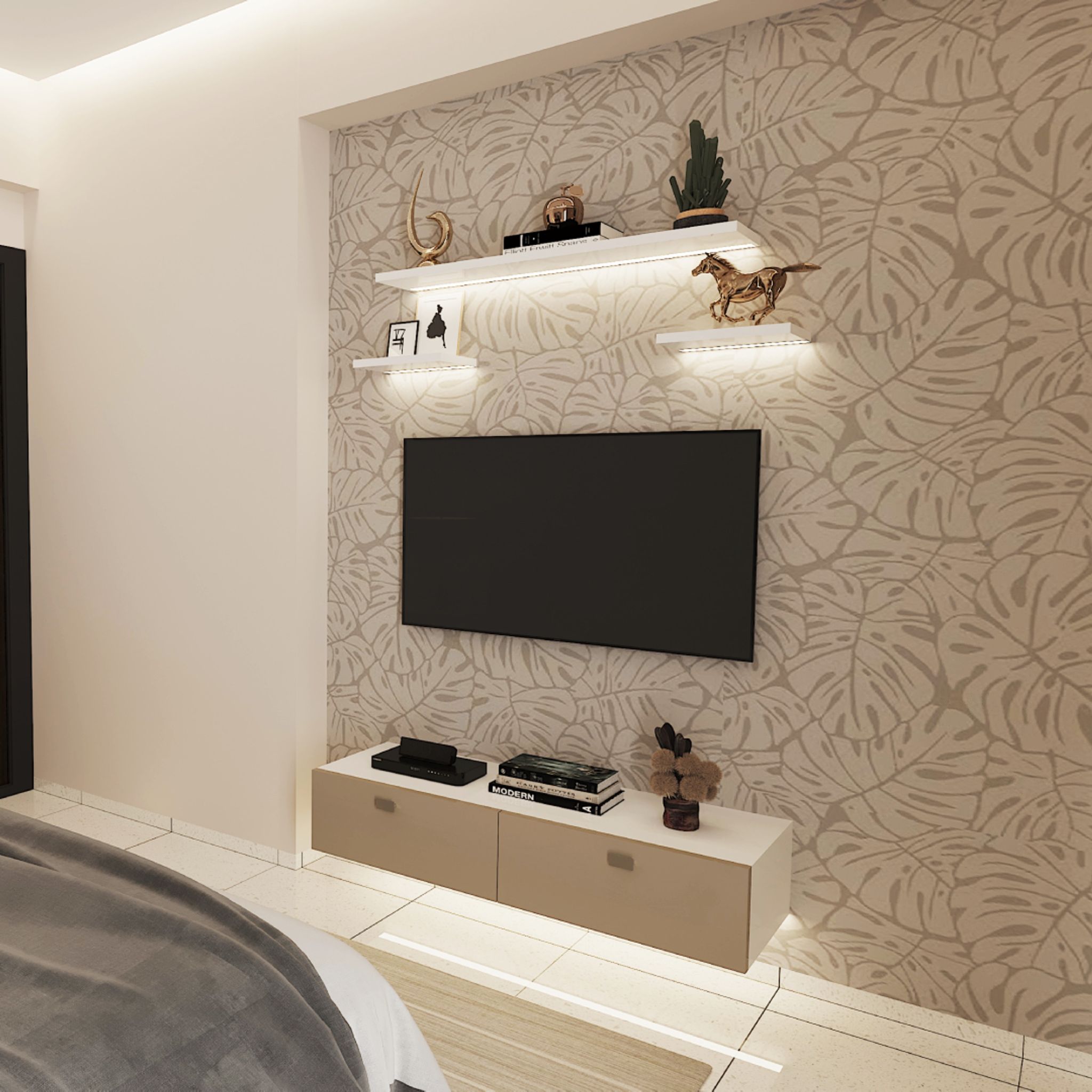 Compact TV Unit Design With Beige Drawers | Livspace