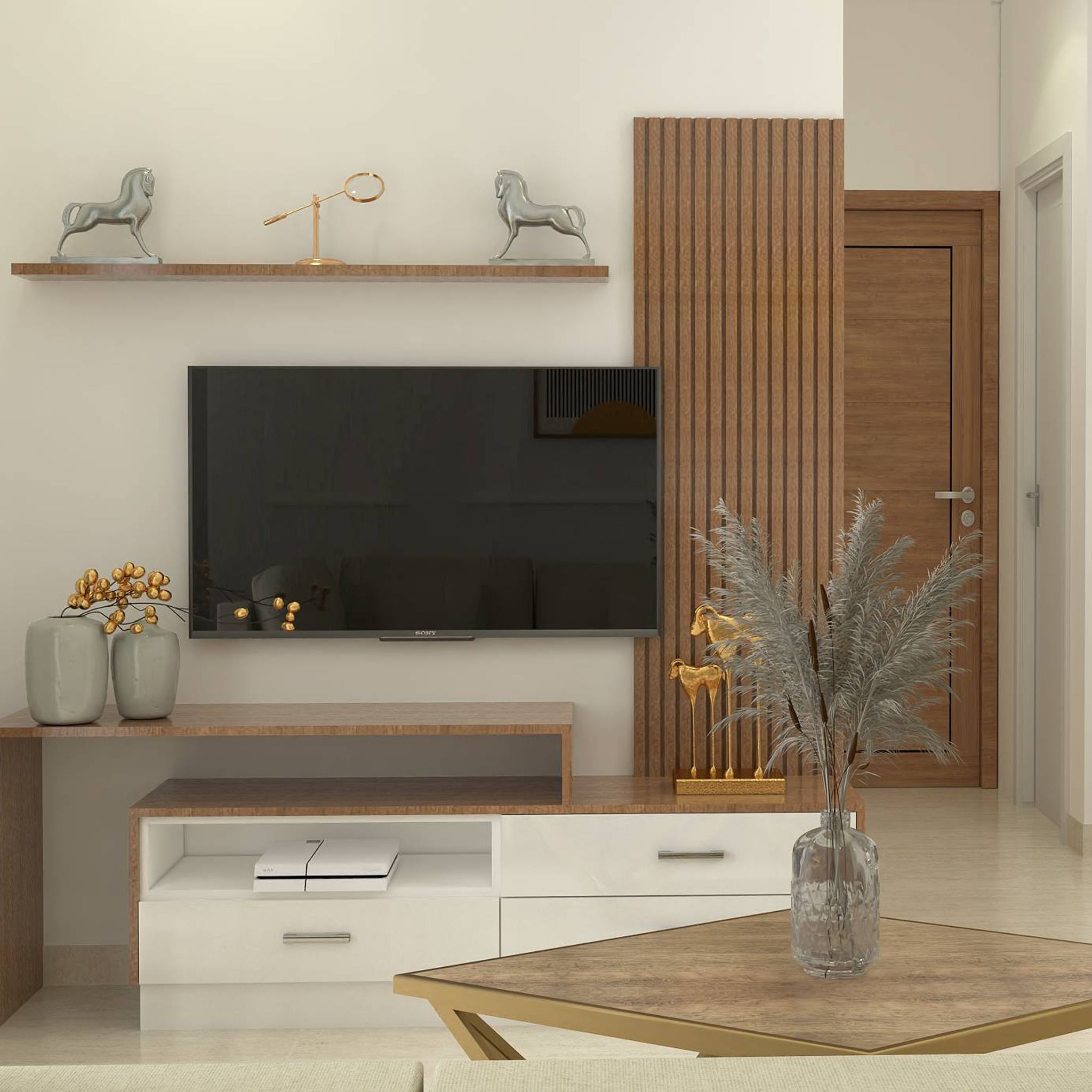 Spacious TV Cabnet Design With Off-White Drawers | Livspace
