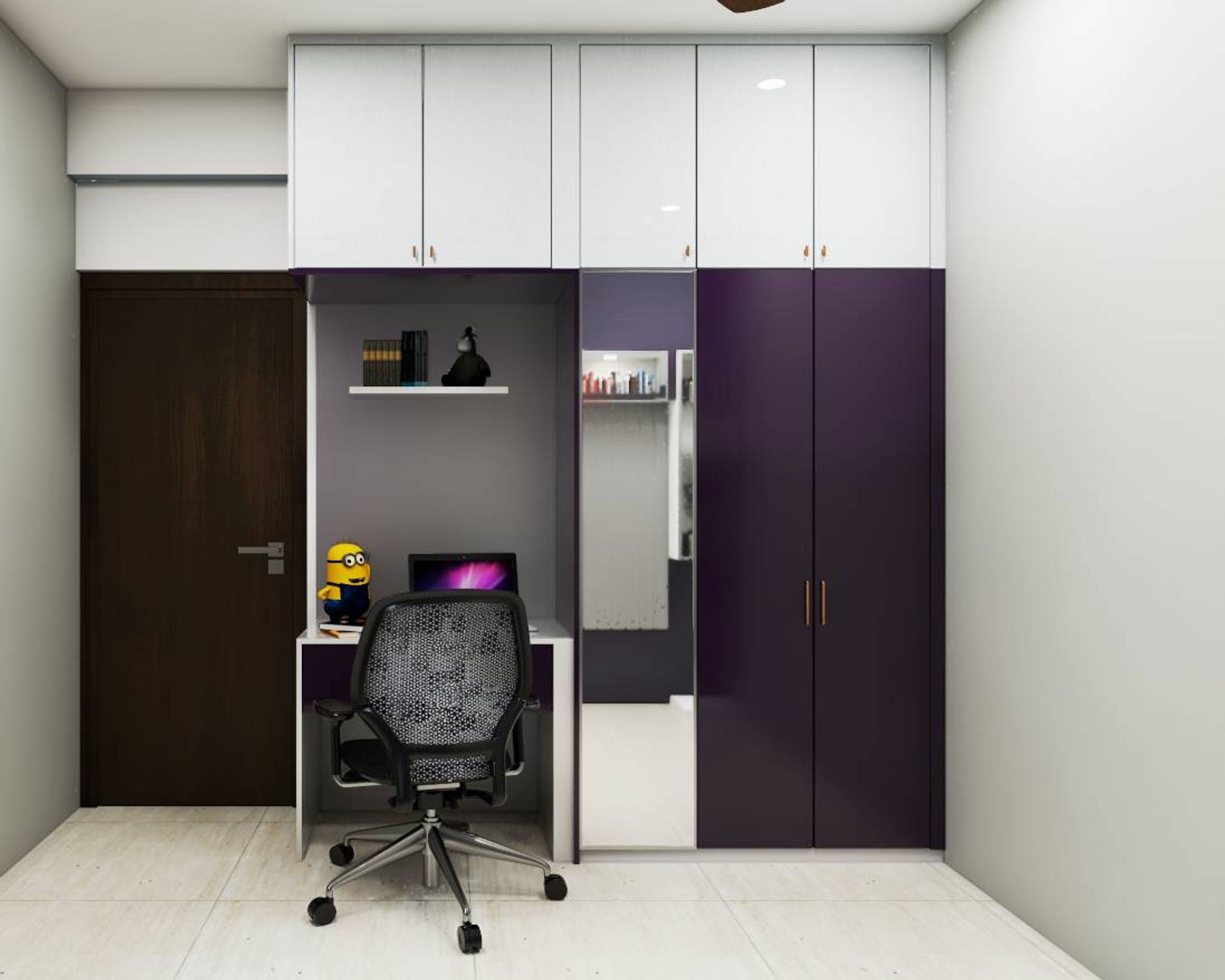 Compact Wardrobe Design With Mirror In Purple And White | Livspace