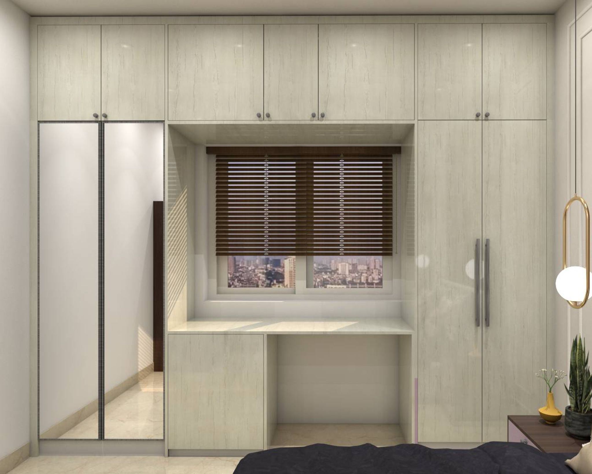 Grey Textured Wardrobe Design With Loft Storage | Livspace
