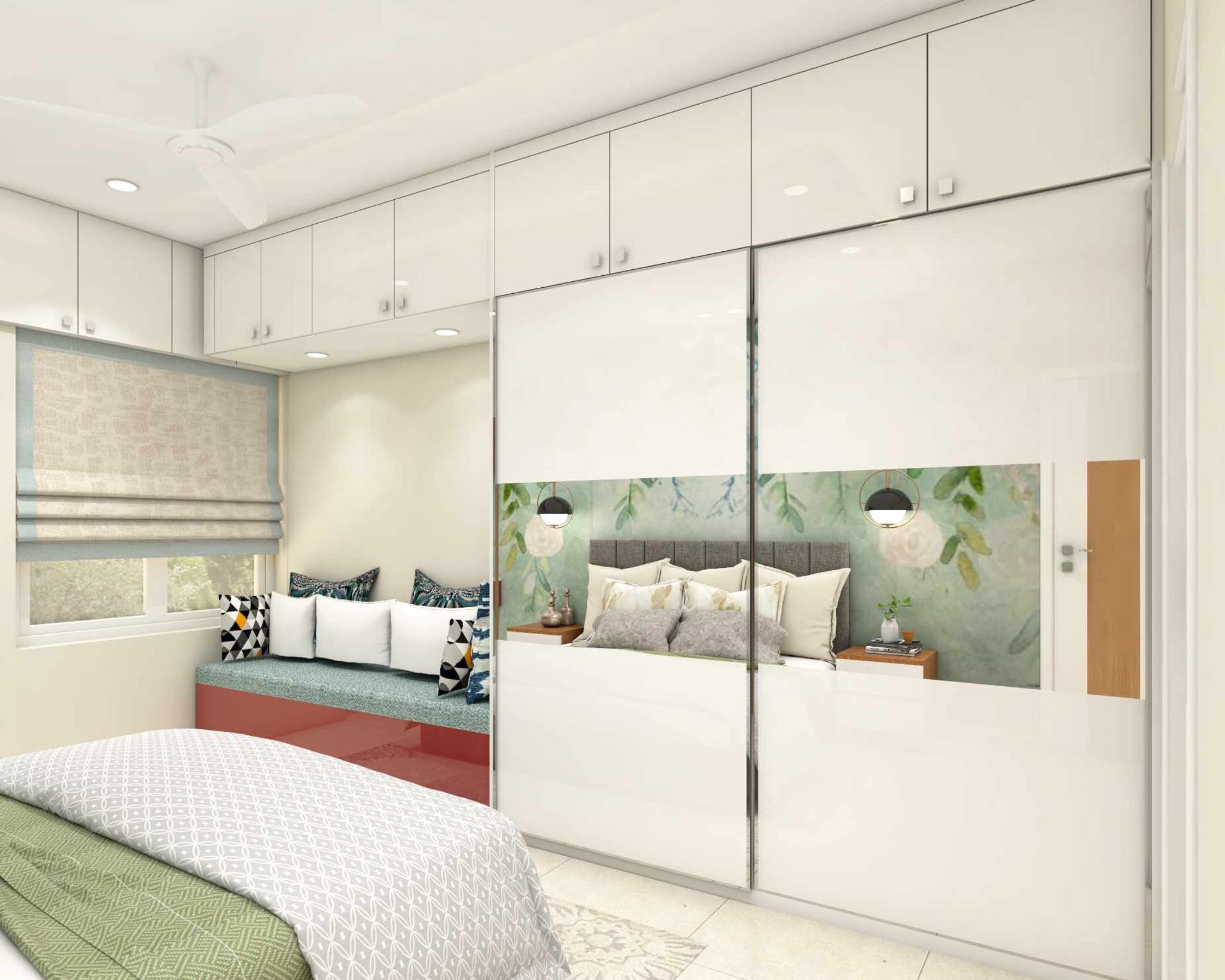 Modern Wardrobe Design with White Laminates and Storage Seater | Livspace