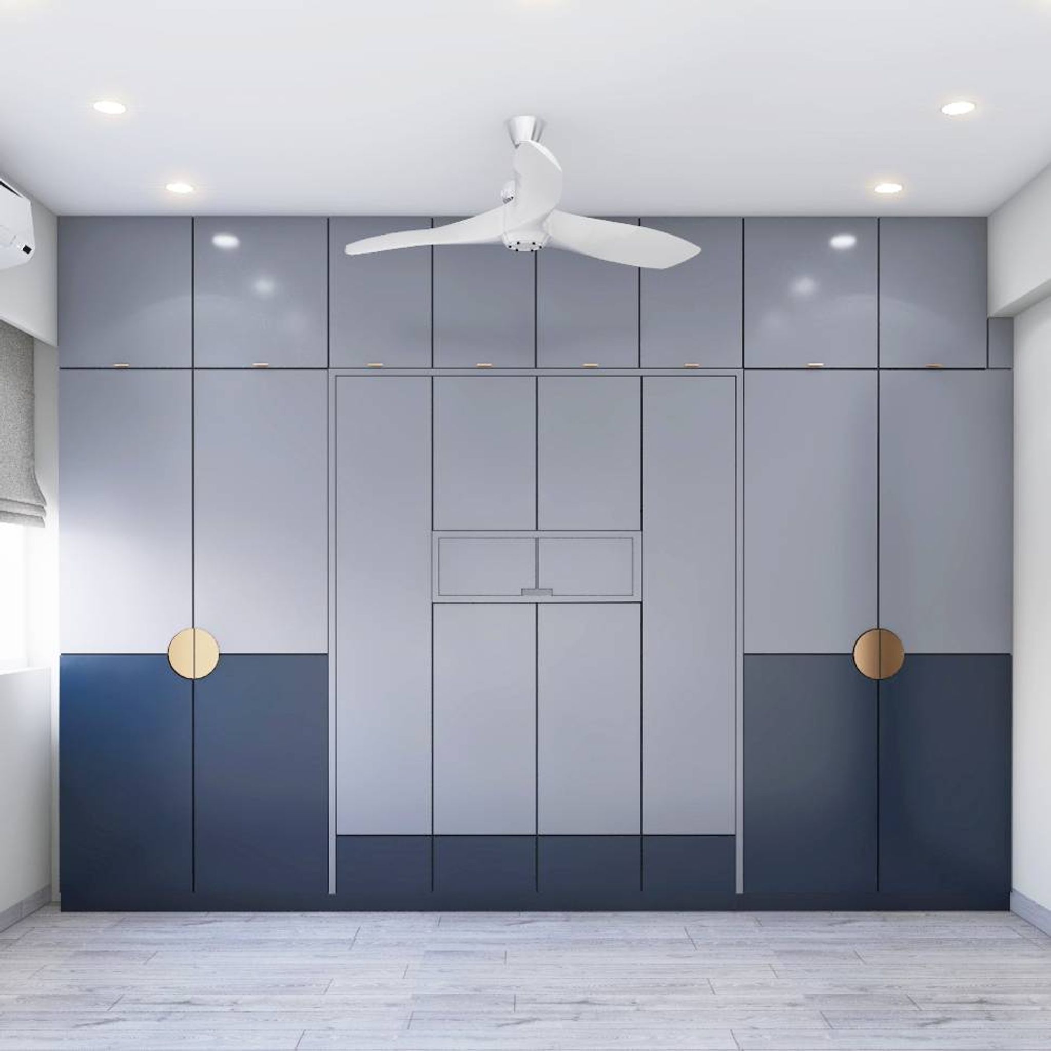 Spacious Grey And Blue Wardrobe Design With Loft Storage | Livspace