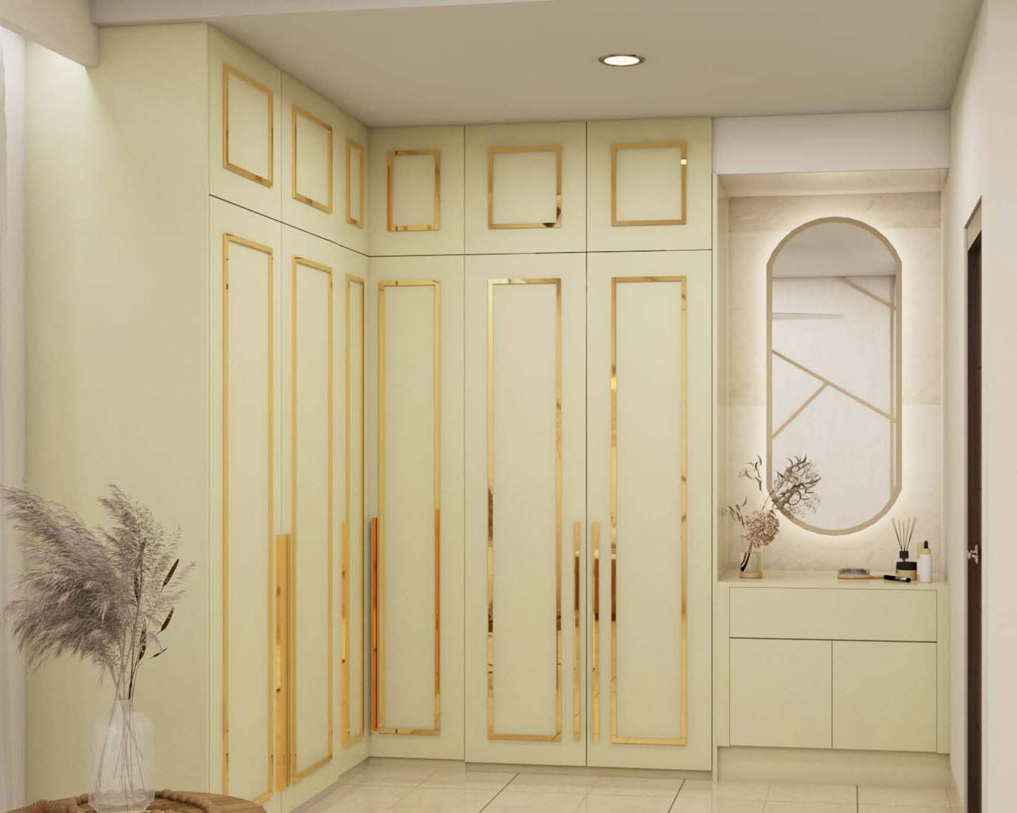 6-Door Cream Wardrobe Design With Loft Storage | Livspace