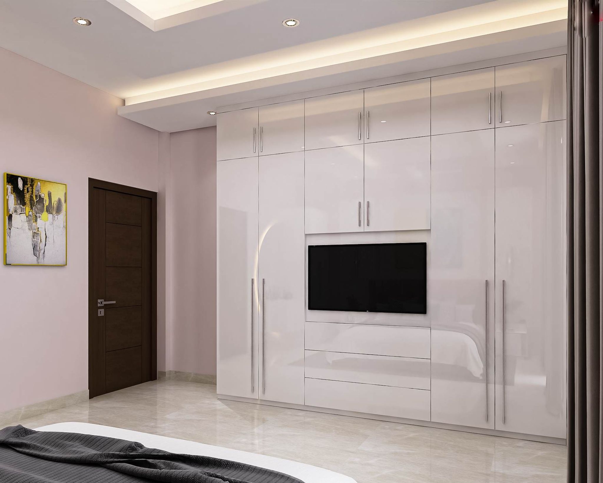 White 4-Door Wardrobe Design With An Integrated TV Unit | Livspace