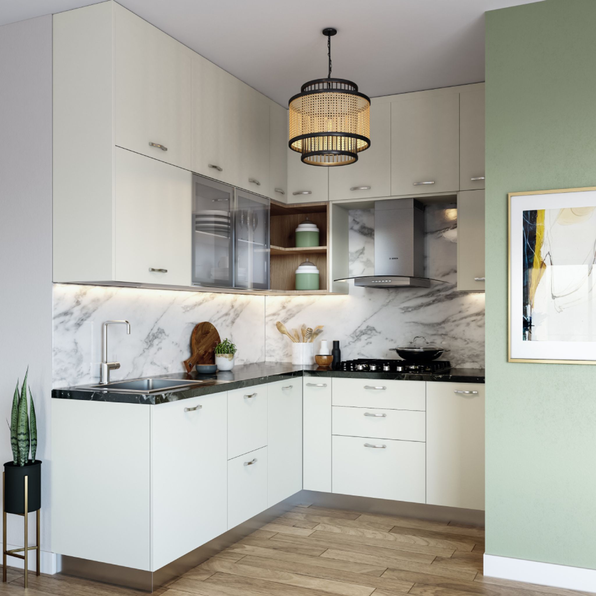 L Shape Modular Frosty White Kitchen Design | Livspace