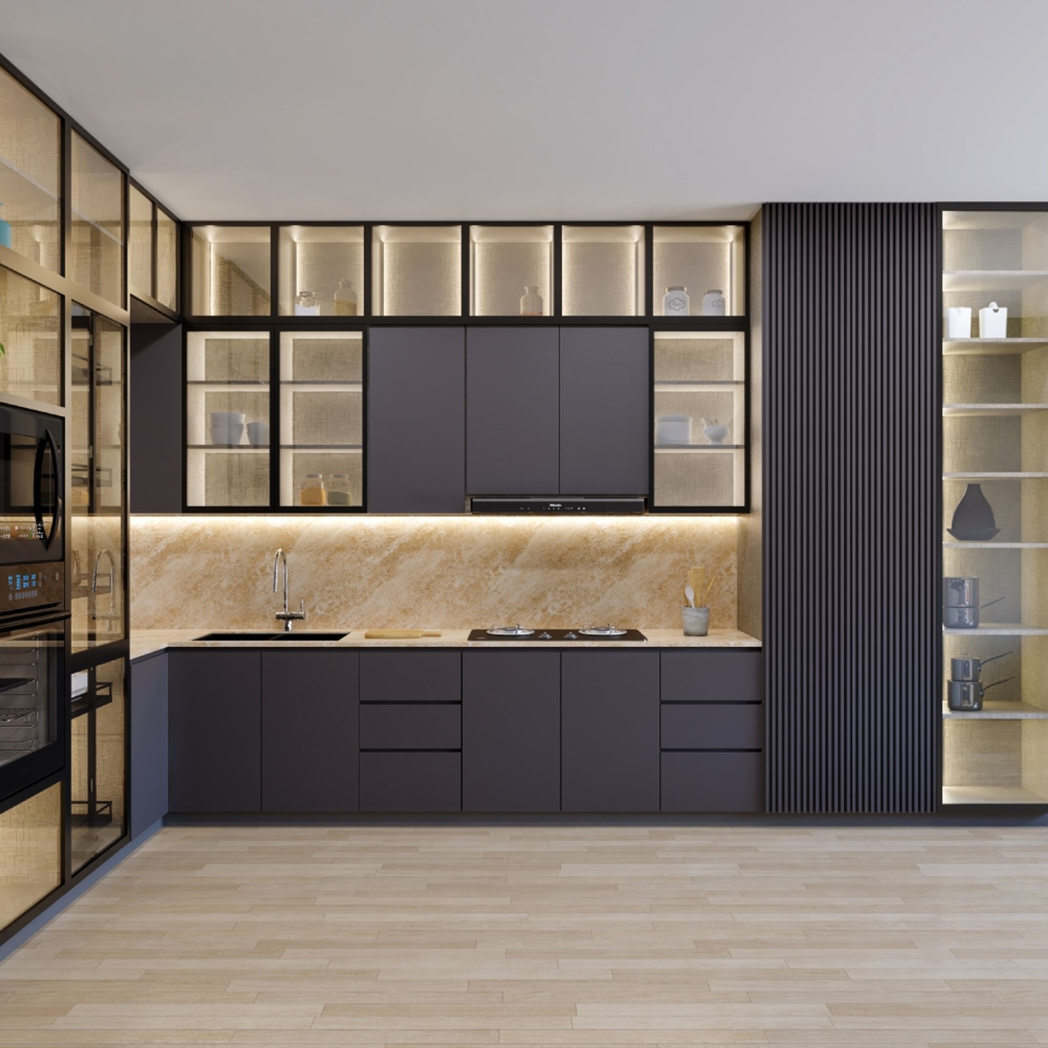 Grey L Shaped Kitchen Design With Cabinet Lights - 16x15 Ft | Livspace