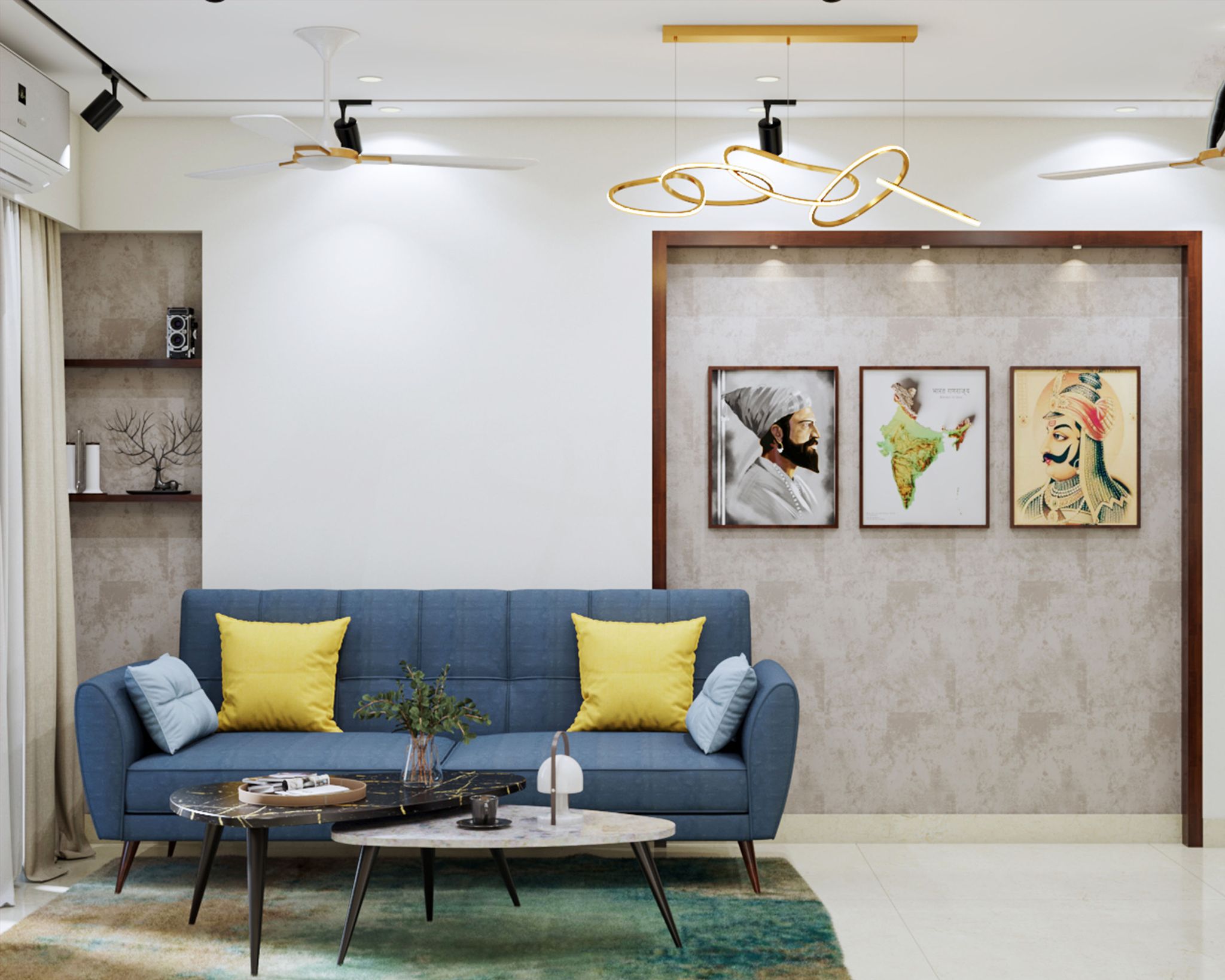 Living Room Design With Blue 2-Seater Sofa And Triangular Coffee Tables ...