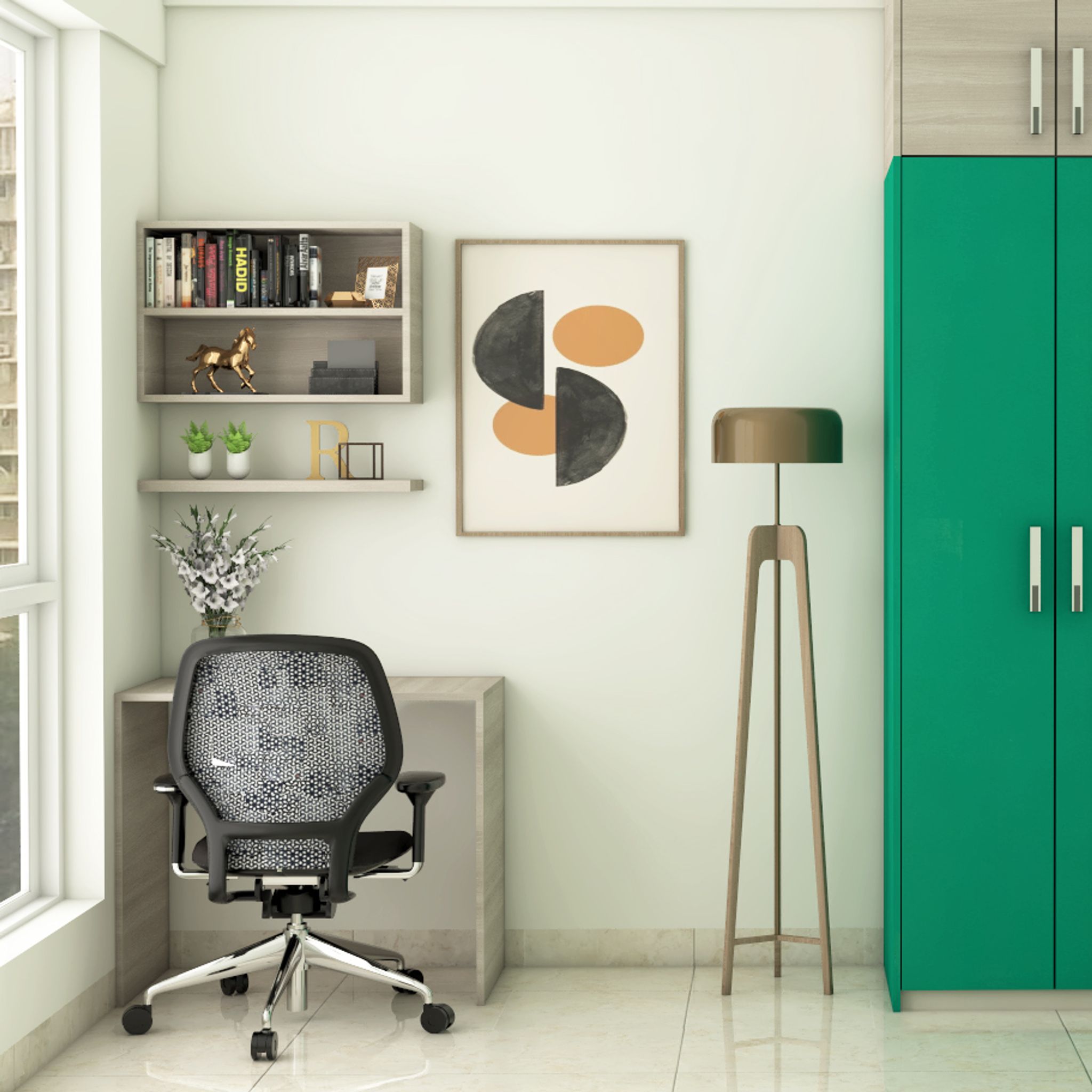 Light Brown Study Room Design With Wall-Mounted Storage | Livspace