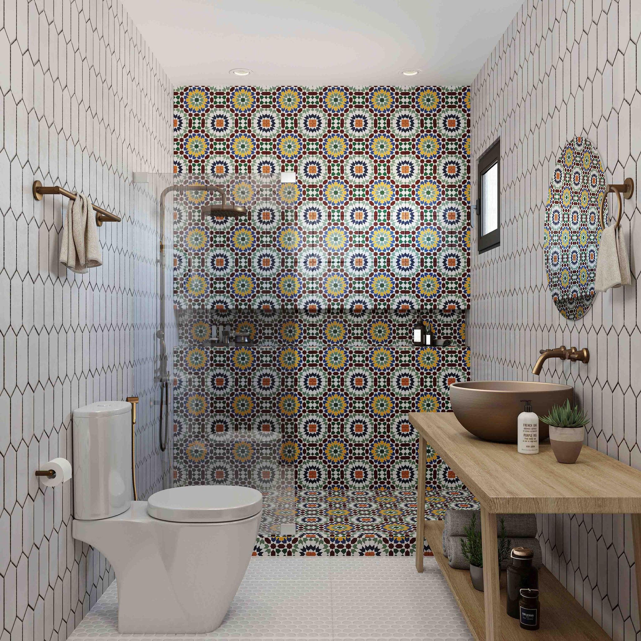 Glossy Multicoloured Moroccan Bathroom Tile Design | Livspace
