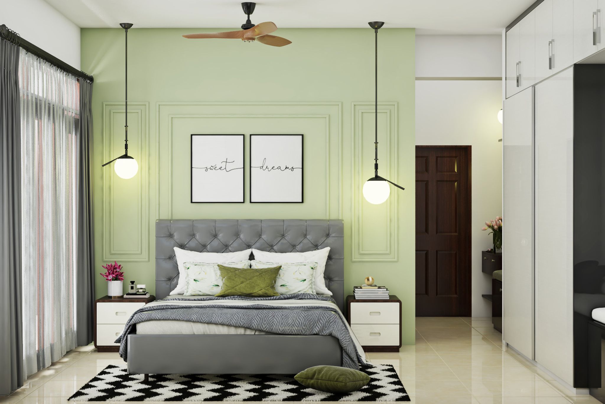 Light Green Wall Design With Wall Trims | Livspace