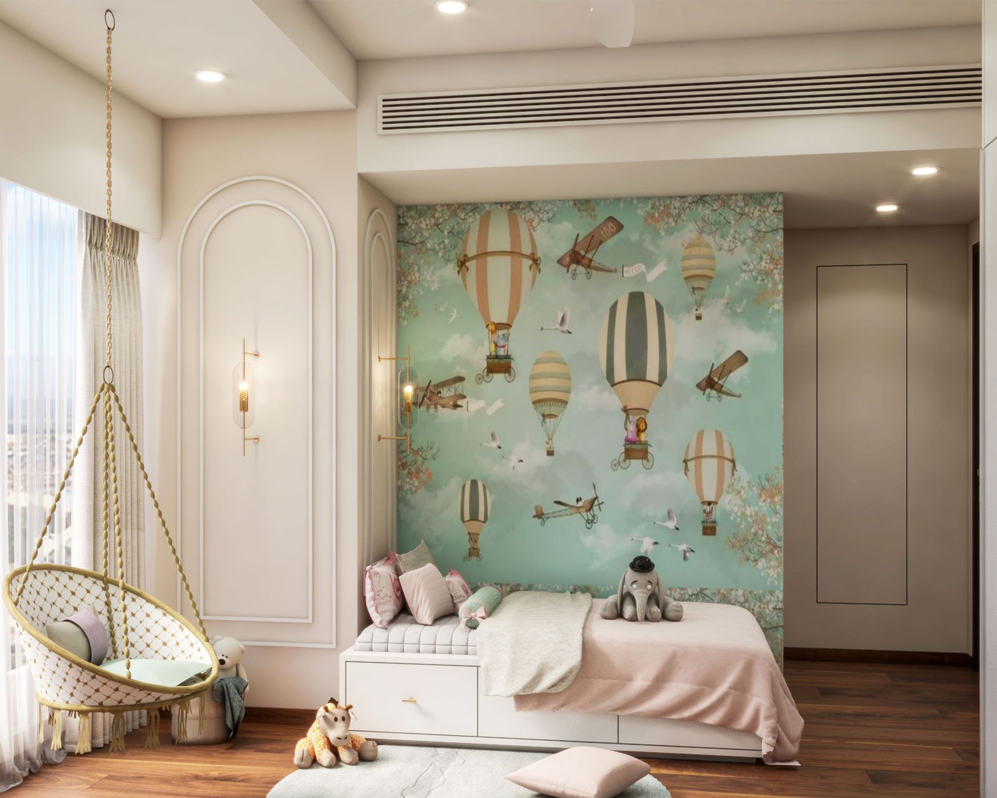 Multicoloured Wallpaper And Off-White Wall Design With Trims | Livspace