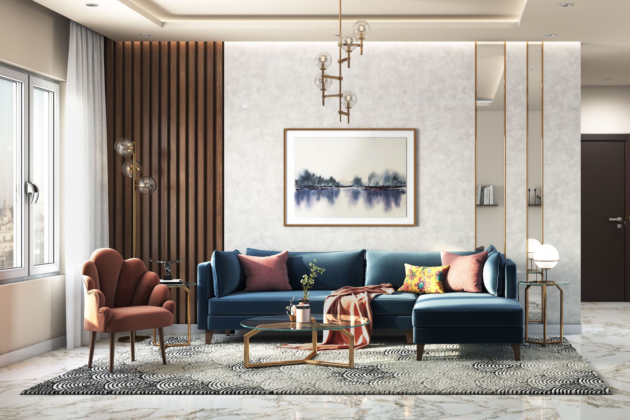 Wooden Rafters And Wallpaper Wall Design For Living Rooms | Livspace