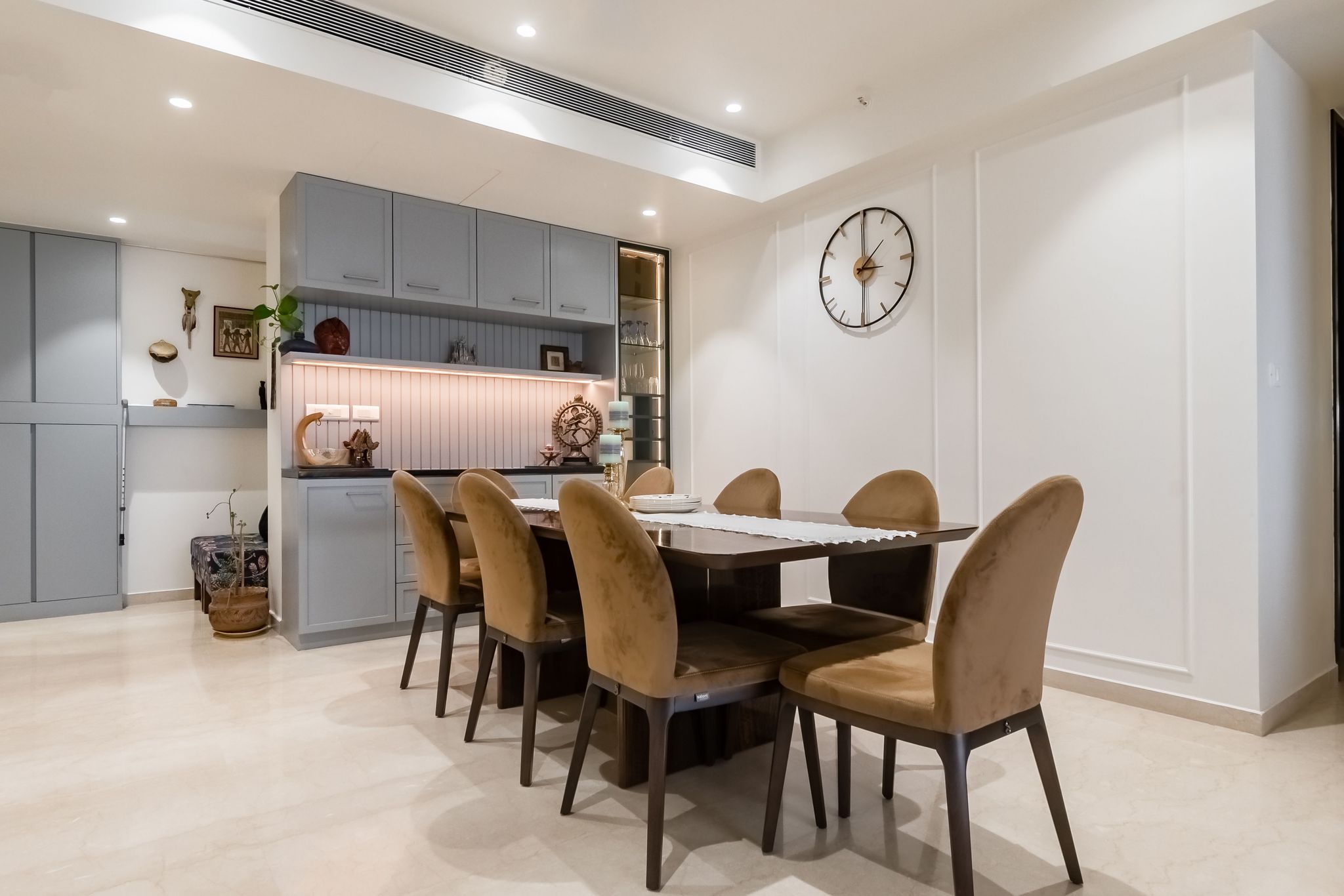 8-Seater Brown And Wood Dining Room Design With Grey Storage Unit ...