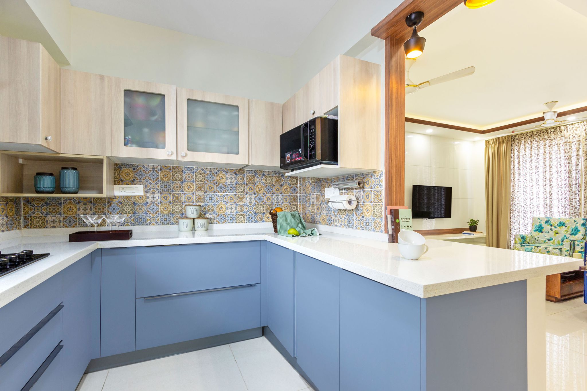 Modular U Shaped Kitchen Design With Denim Suedette And Acacia Cabinets ...