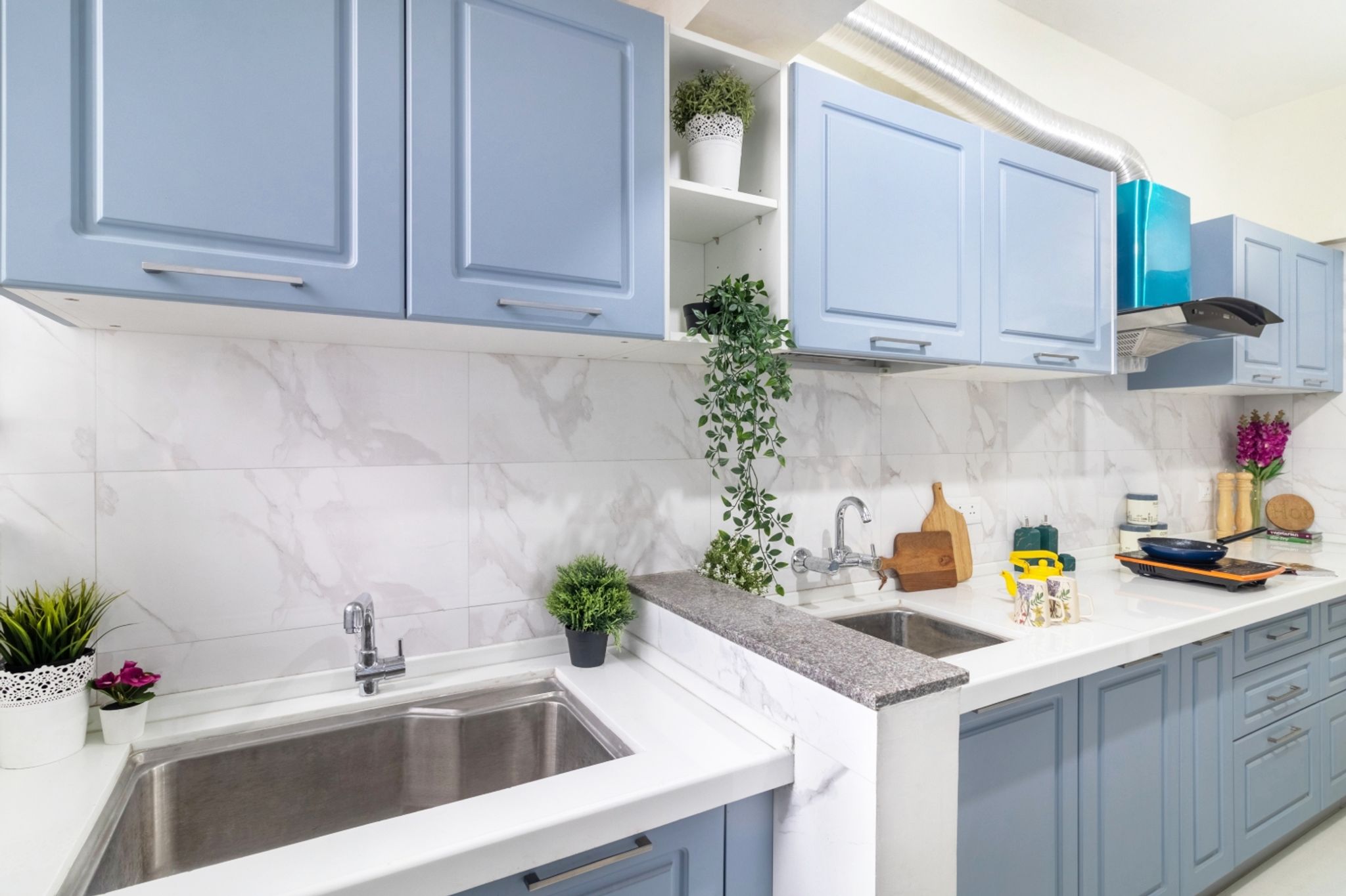 Blue Parallel Kitchen Design With Denim Suedette Cabinets | Livspace