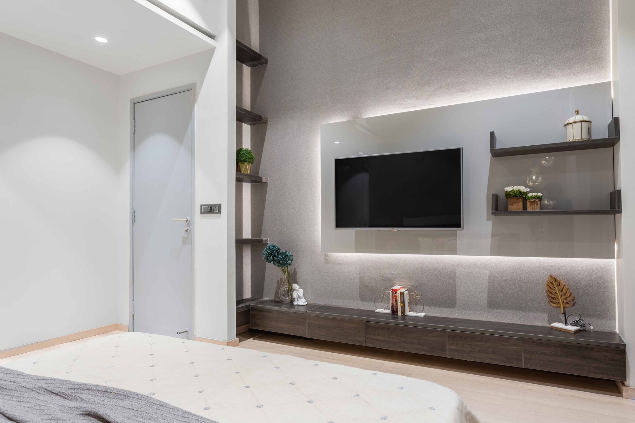 Grey Master Bedroom Design With TV Unit | Livspace