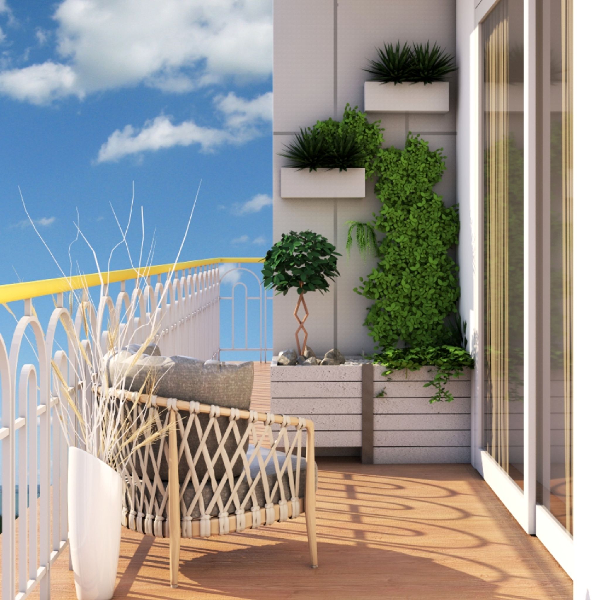 Balcony Design With Concrete Grooved Wall And Brown Matte Flooring ...