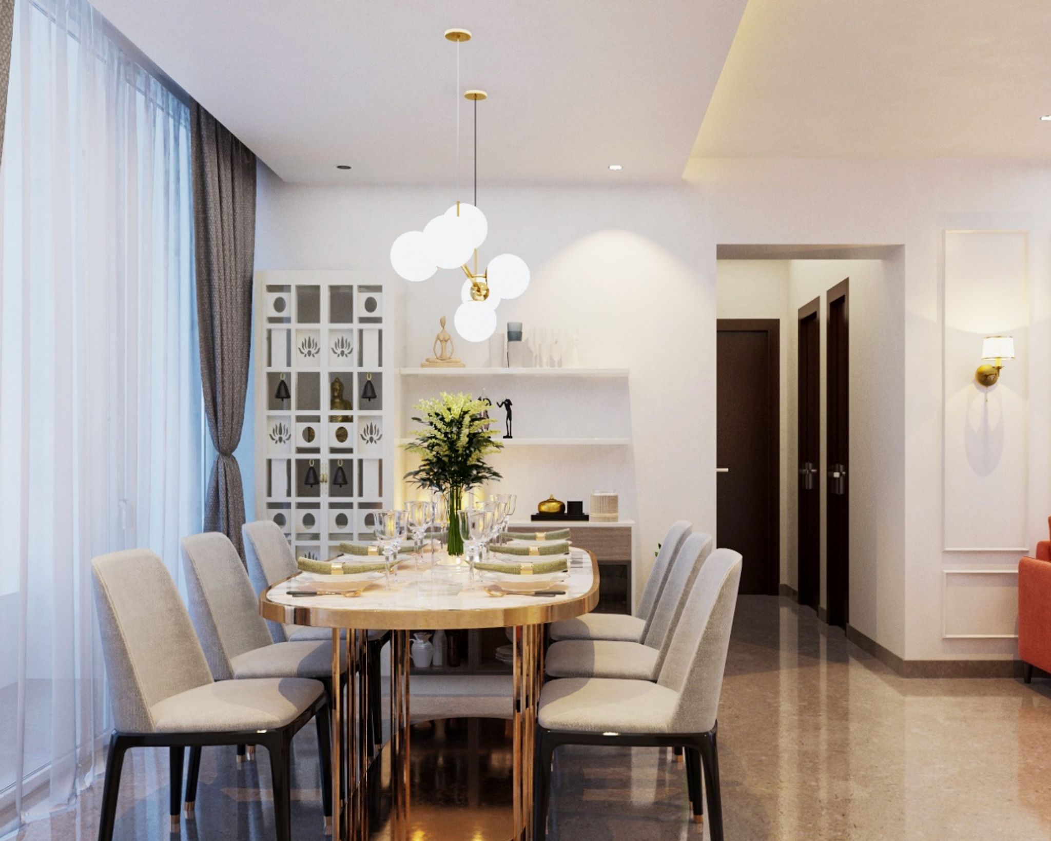 Grey And White 6-Seater Dining Room Design With Storage Unit | Livspace