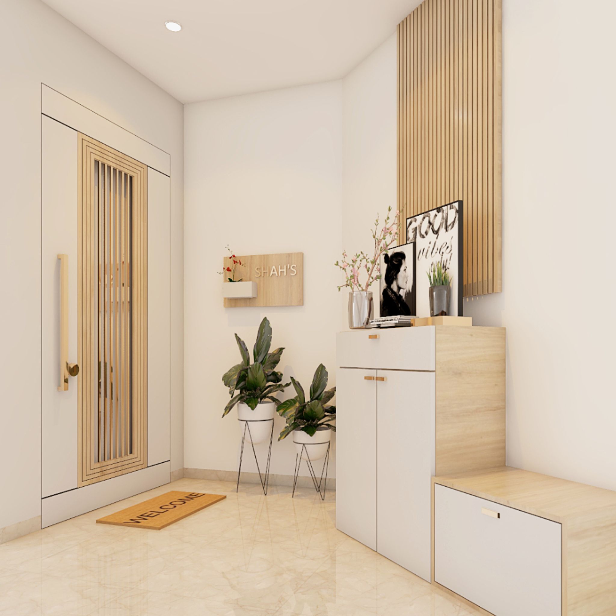 Foyer Design With Wooden Fluted Panels And Grooves | Livspace