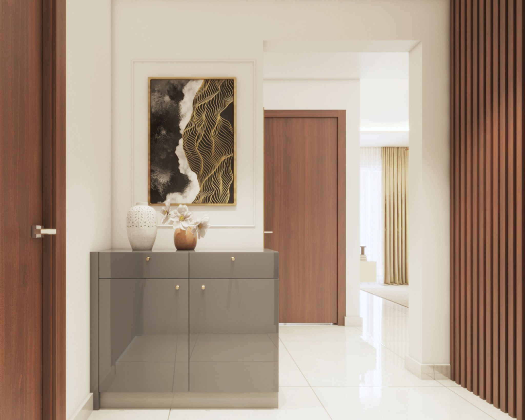 Dove Grey Foyer Design With Vertical Wooden Panels | Livspace