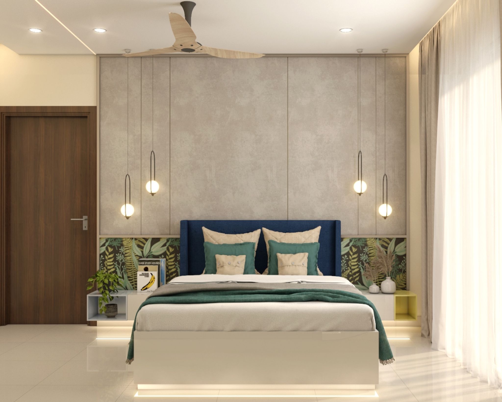 Guest Room Design With Dark Blue Headboard And Grey Textured Wall ...