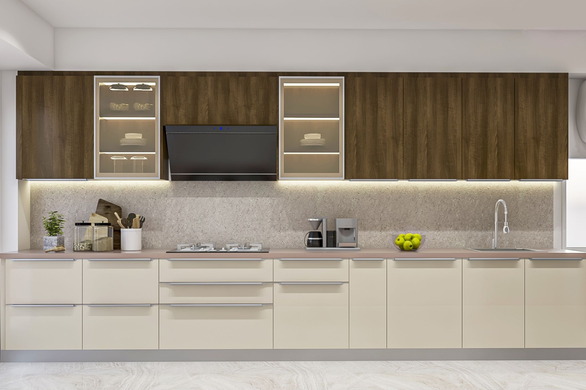 Modular Straight Kitchen Cabinet Design With With Champagne And Wood ...