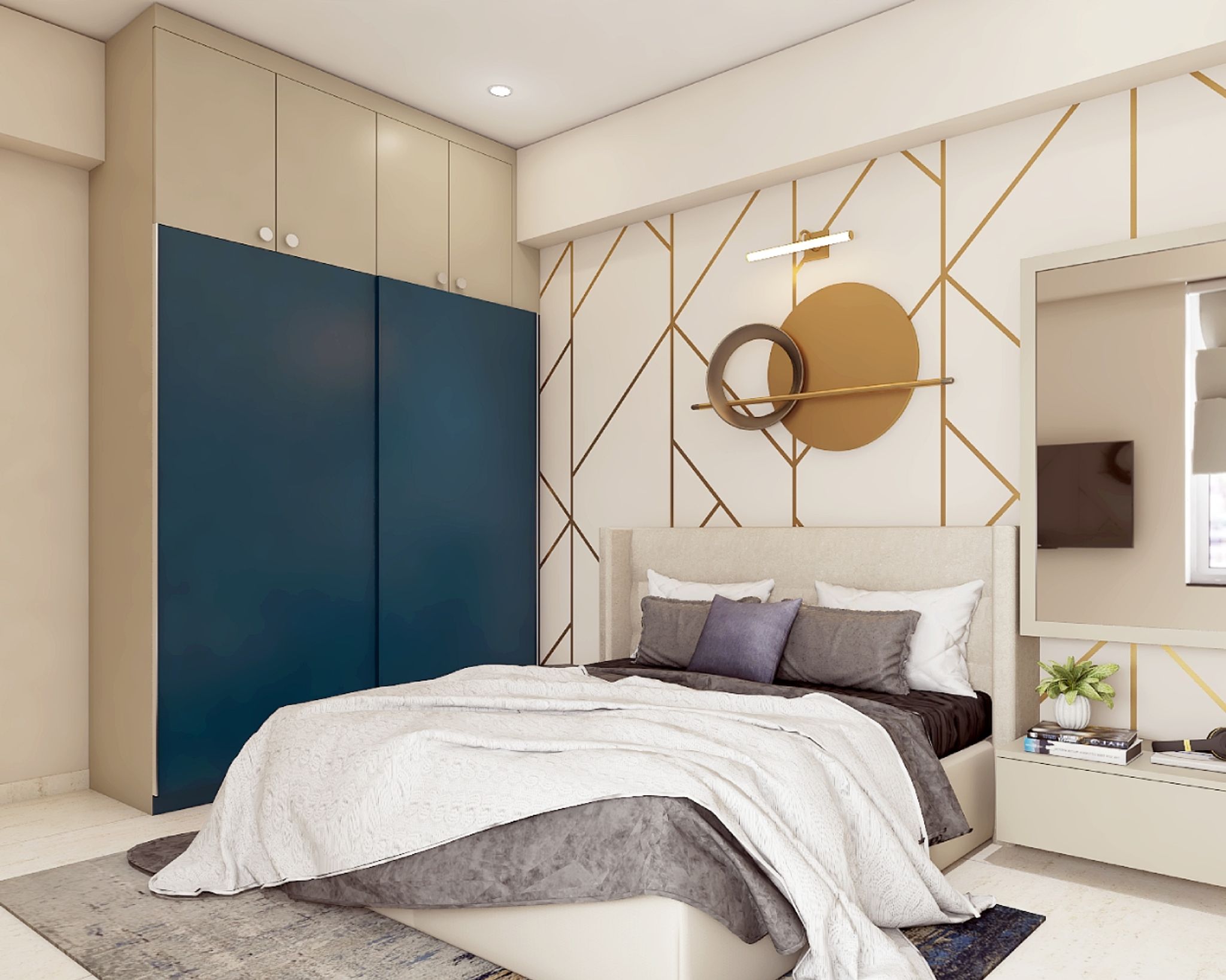 Master Bedroom With White And Gold Stripes | Livspace