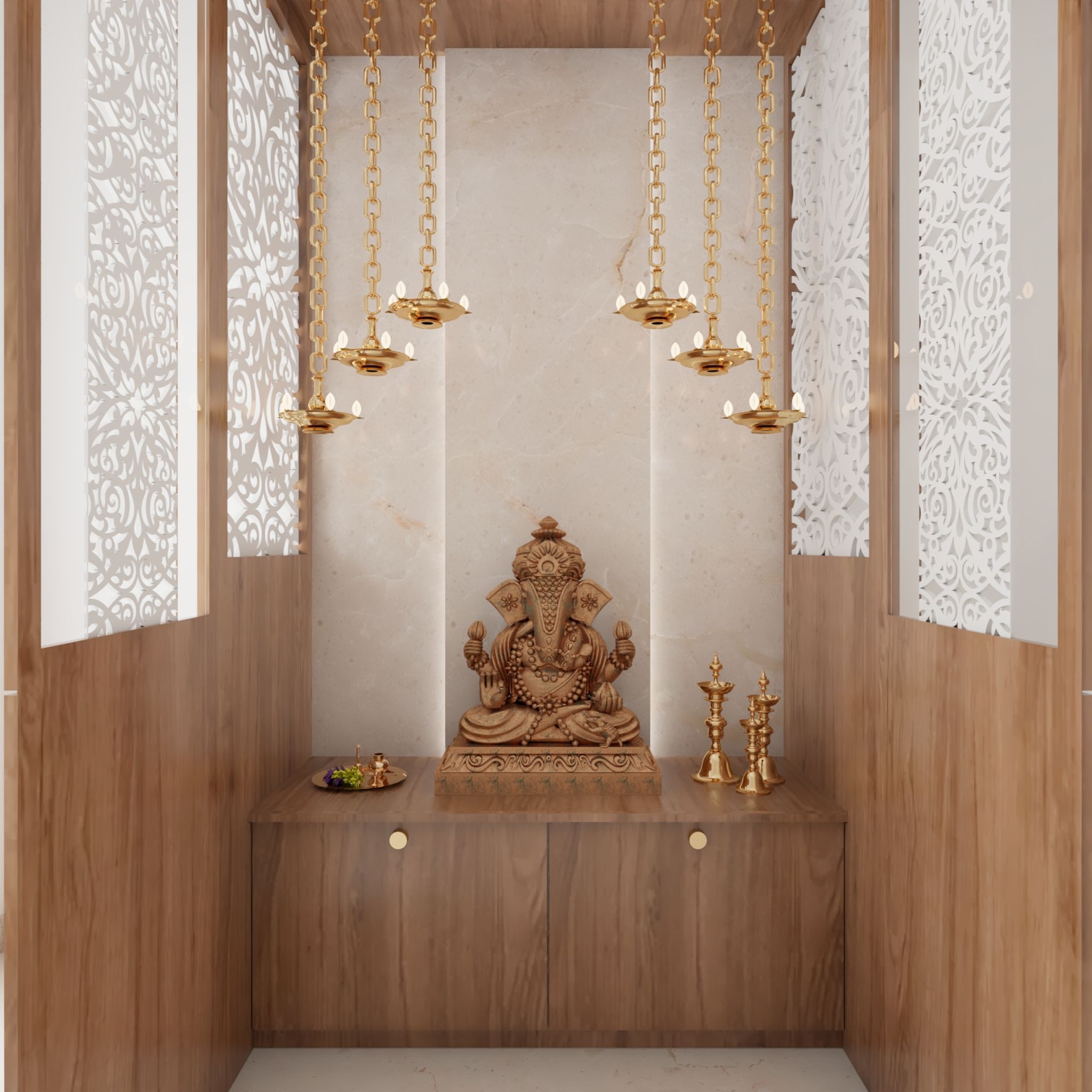 Walnut-Toned Pooja Room Design With Open Shutters | Livspace