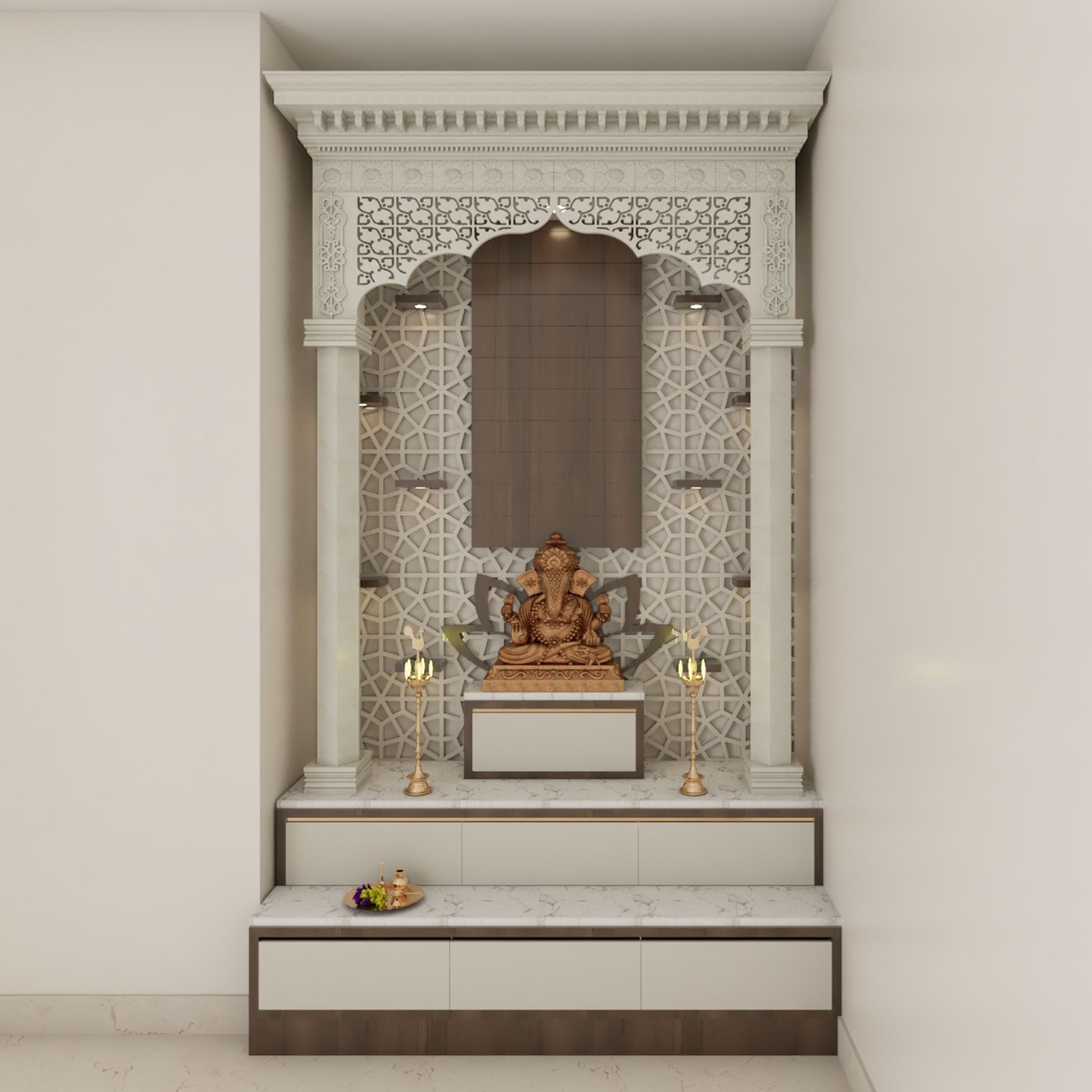 Floor-Mounted Pooja Room Design With CNC Cut Wall And White Panels ...