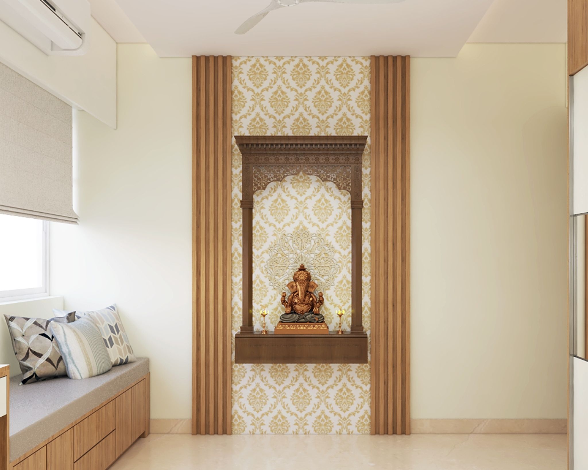 Walnut Toned Pooja Room Design With Damask Wallpaper | Livspace