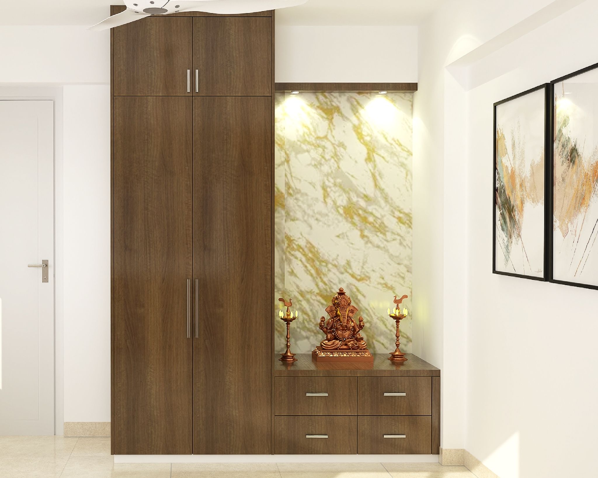 Wooden Mandir Design With Marble Wall Tile | Livspace