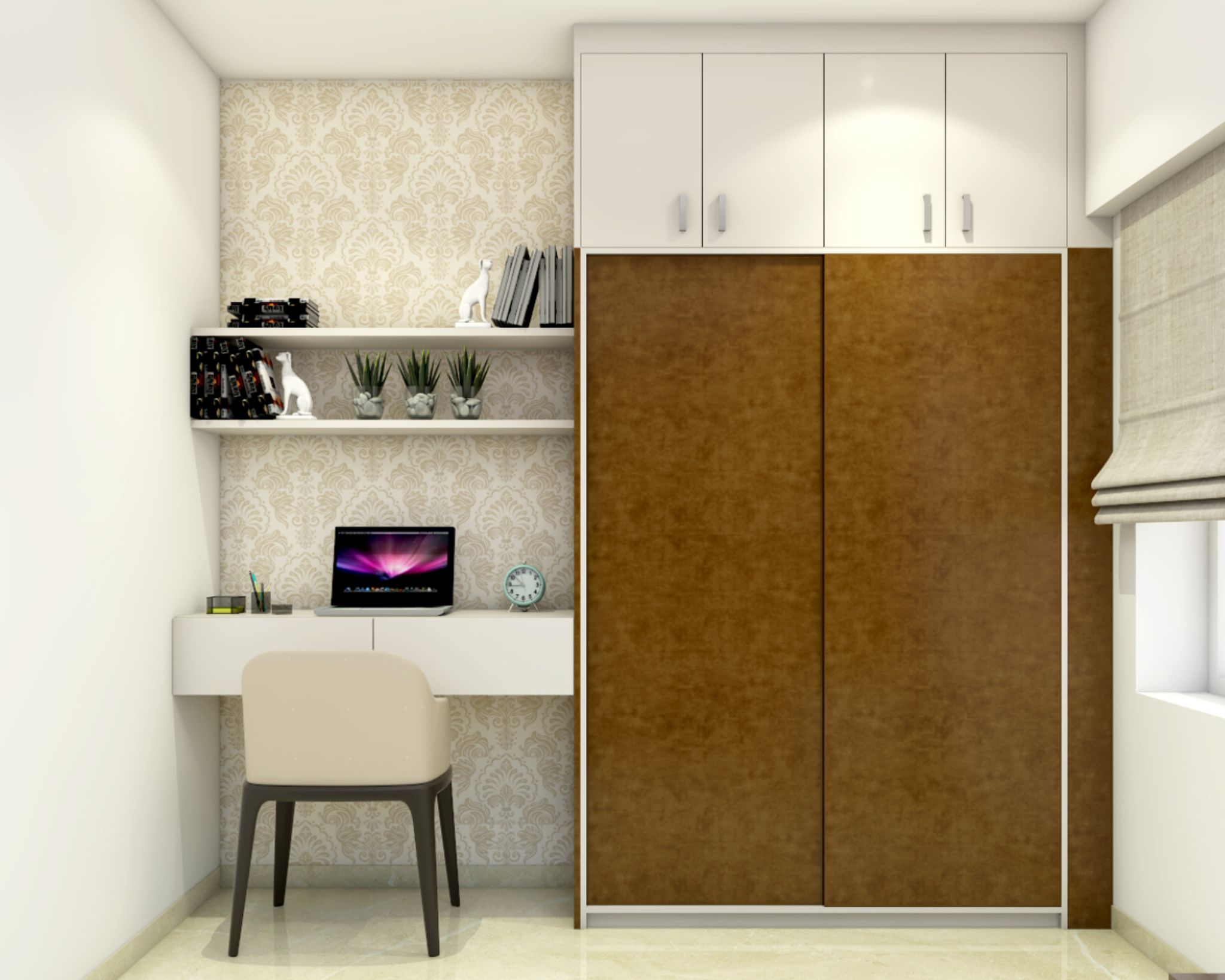 Frosty White Study Room Design With Cream Upholstered Chair | Livspace