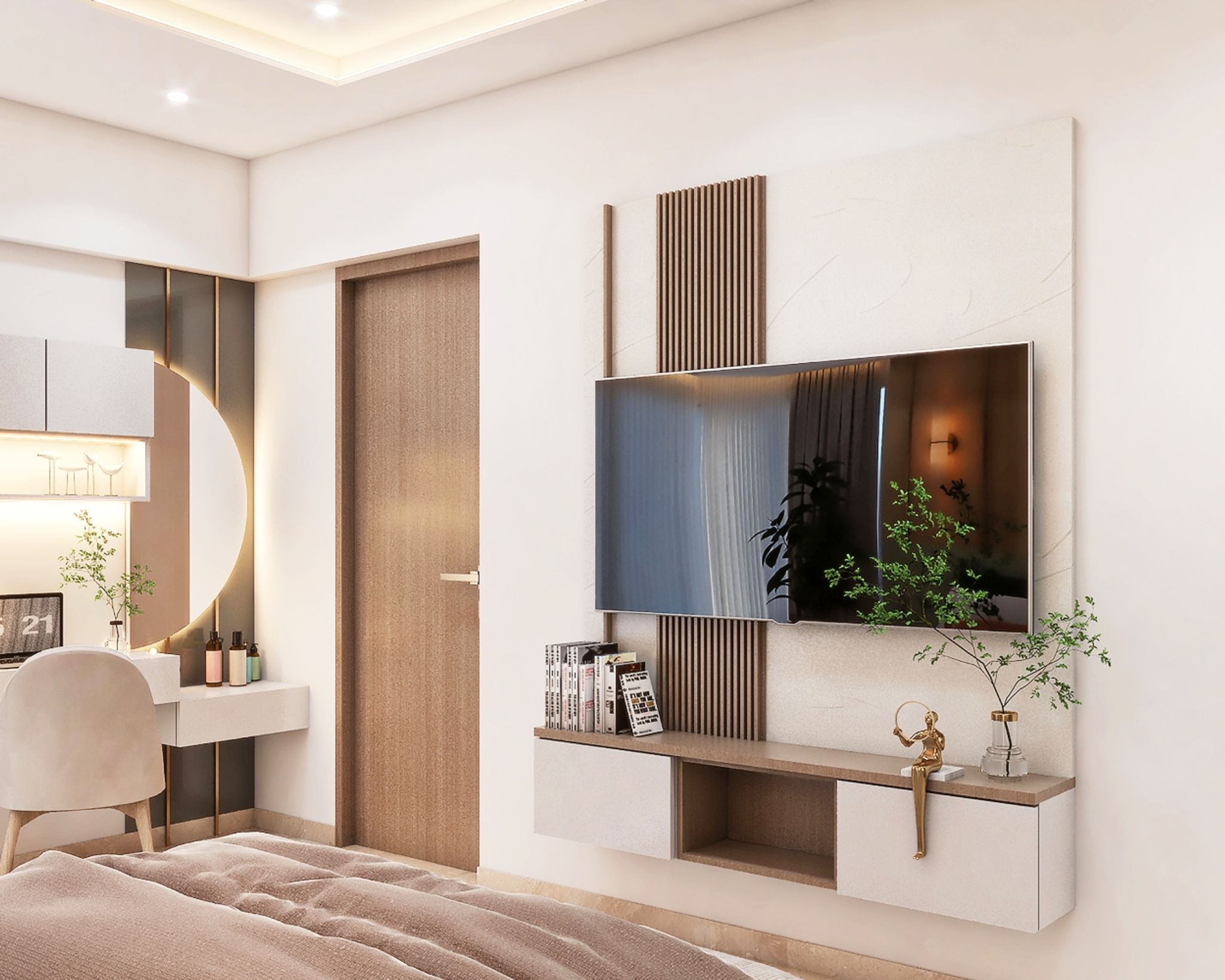 TV Unit Design With Frosty White And Walnut Bronze | Livspace
