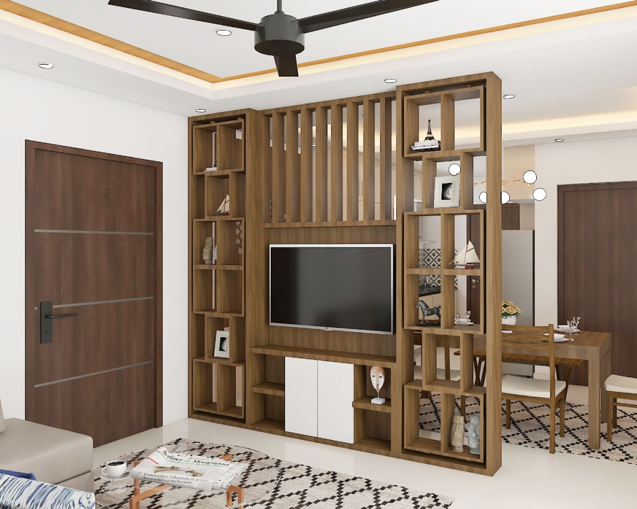 Teak And White TV Unit Design With Open Shelves | Livspace