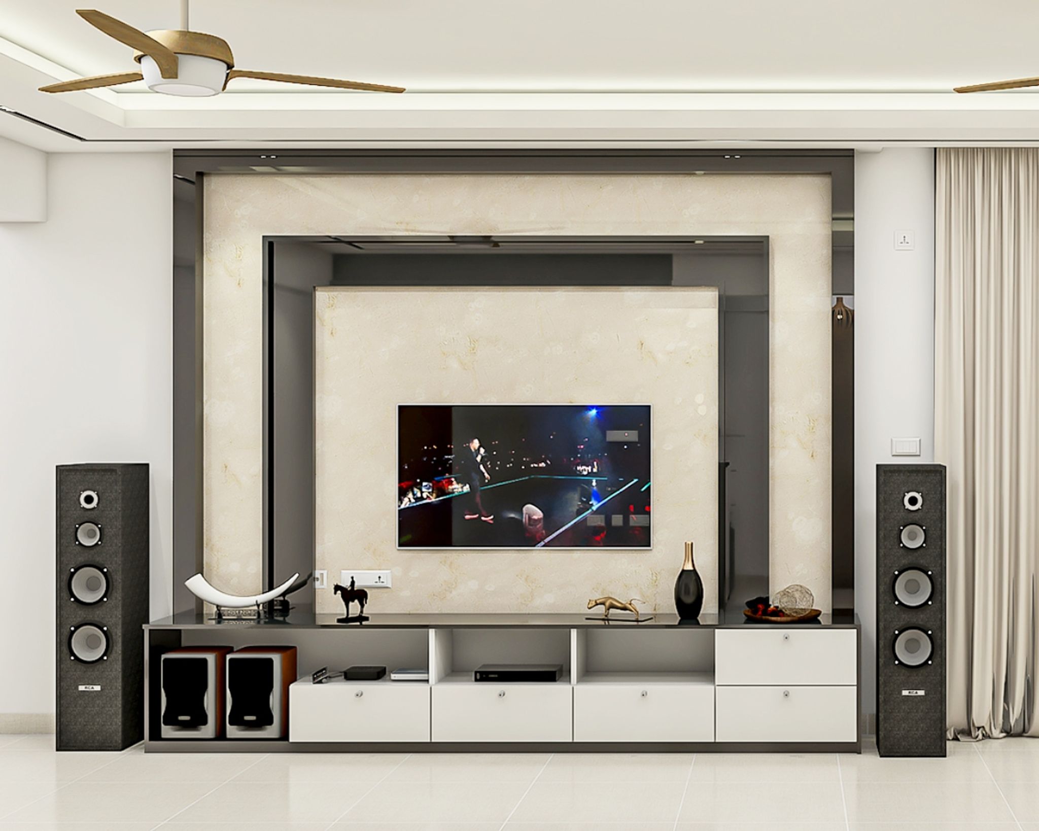 TV Unit Design With Beige And Black Wall Tile | Livspace
