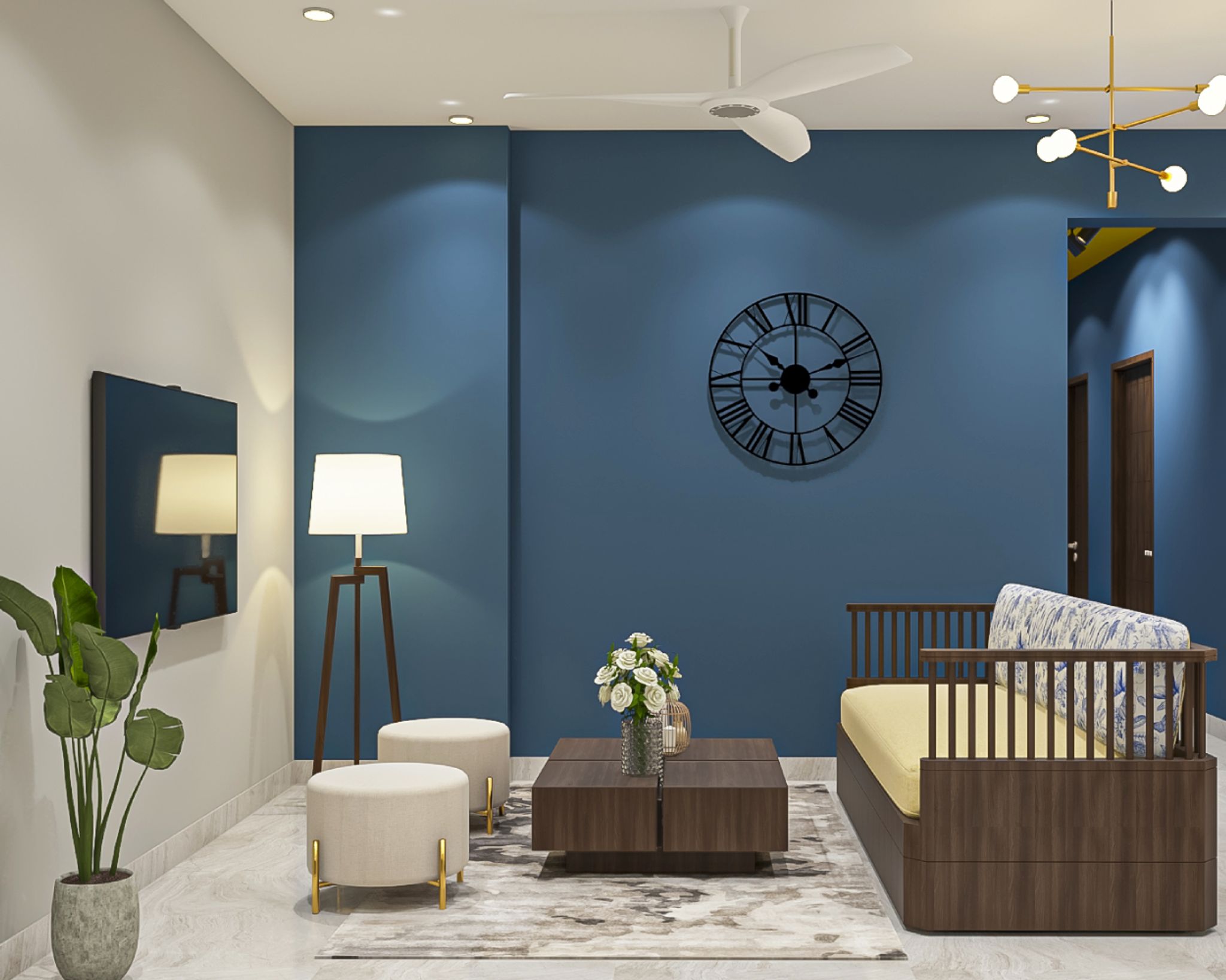 Dark Blue Living Room Wall Paint Design | Livspace