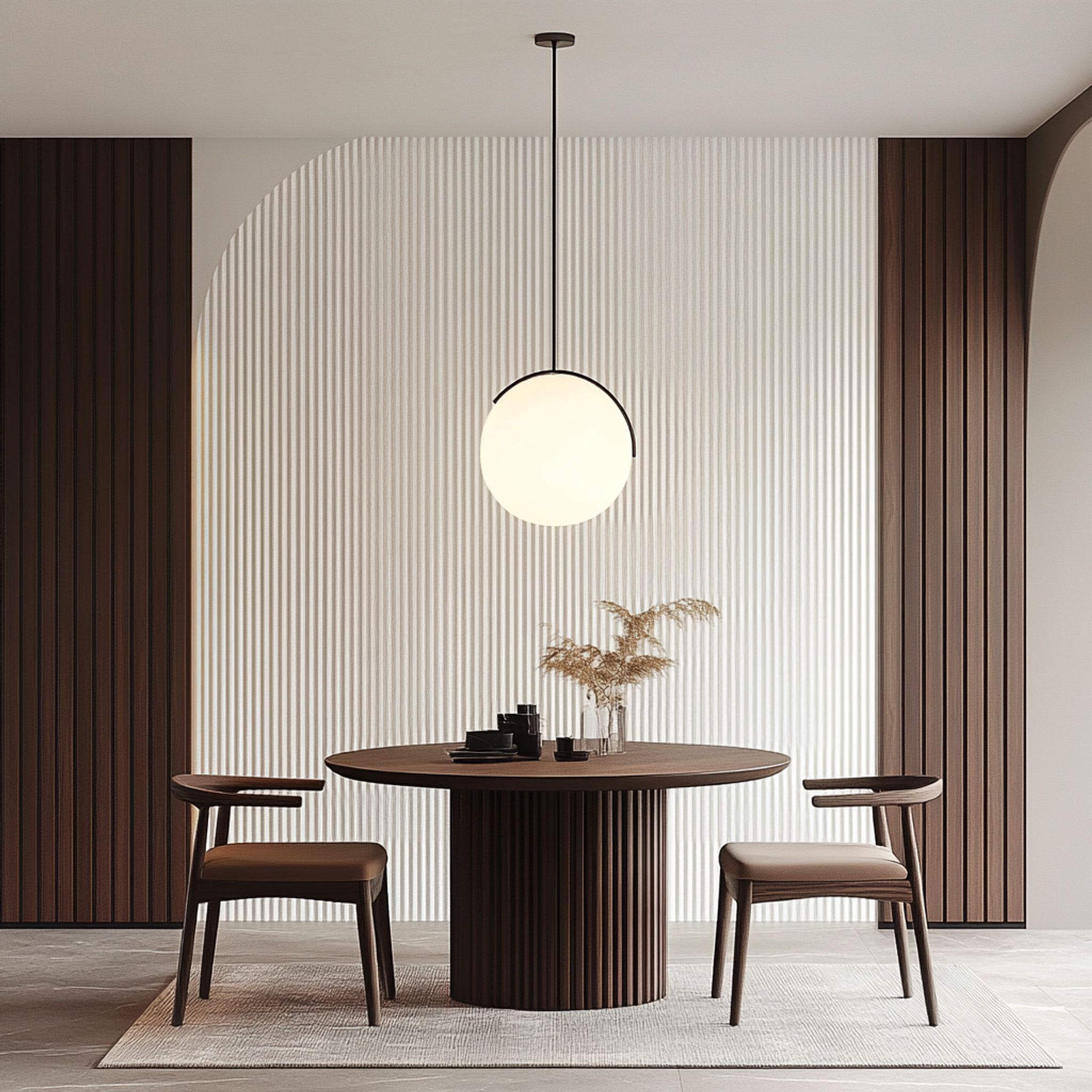 Dining Room Design with Modern Wooden Panelling, Beige Upholstered ...