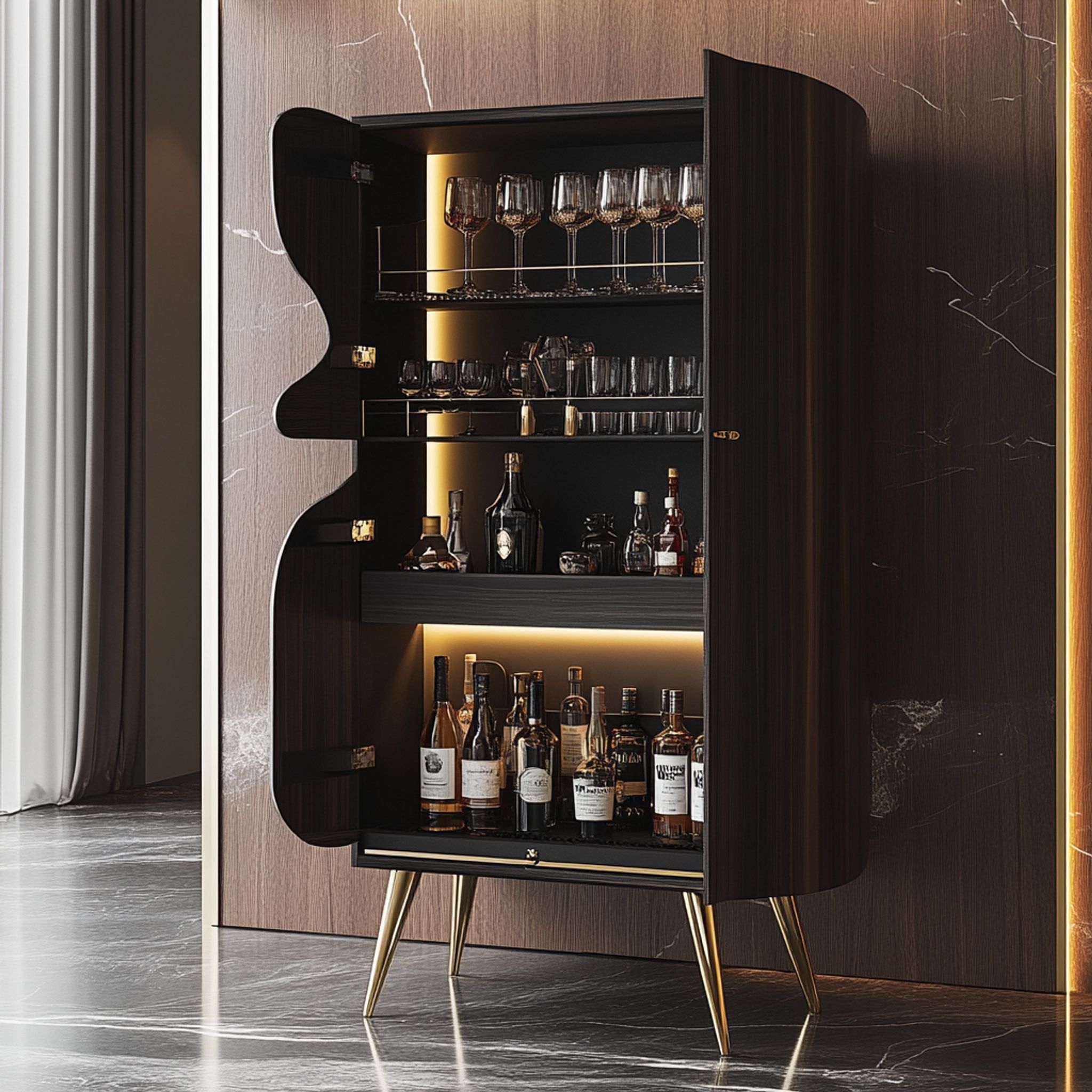 Home Bar Design with Contemporary Cabinet Unit with Closed Storage and ...
