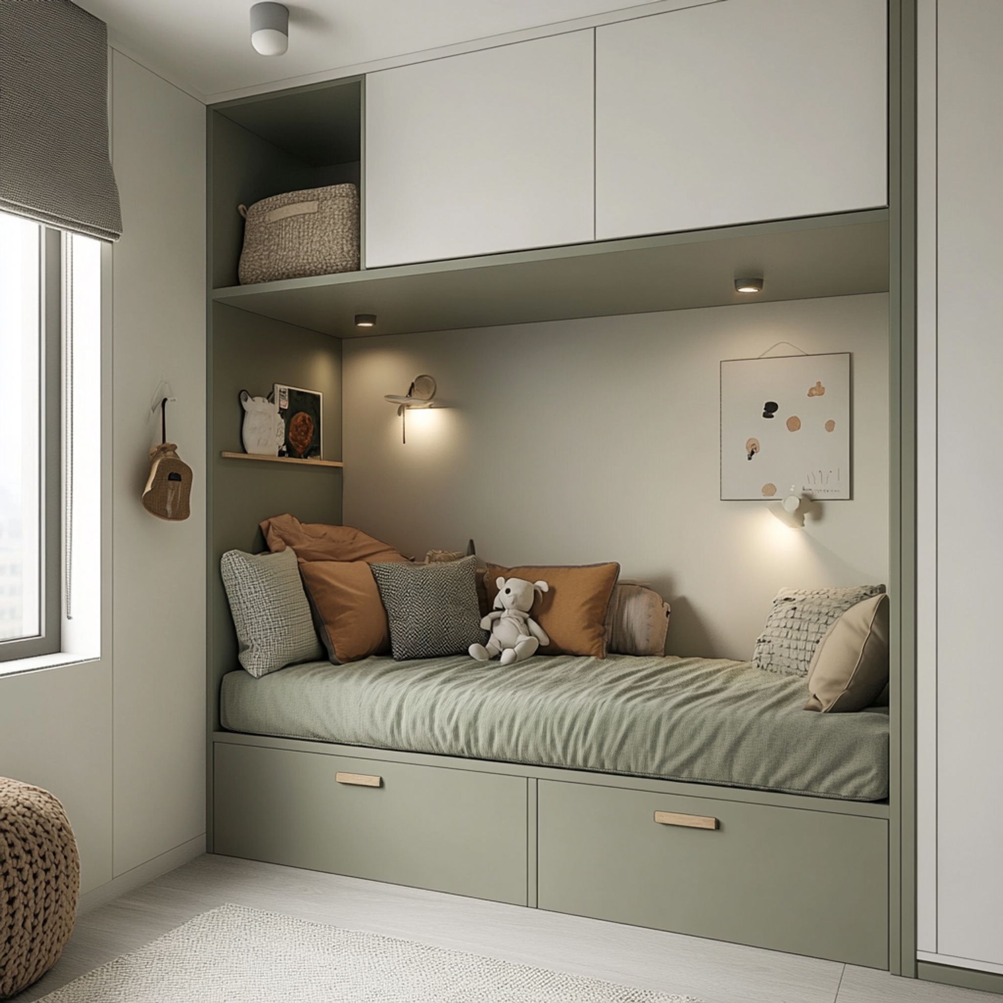 Space-Saving Bedroom Design Featuring Built-in Bed, Storage Drawers ...