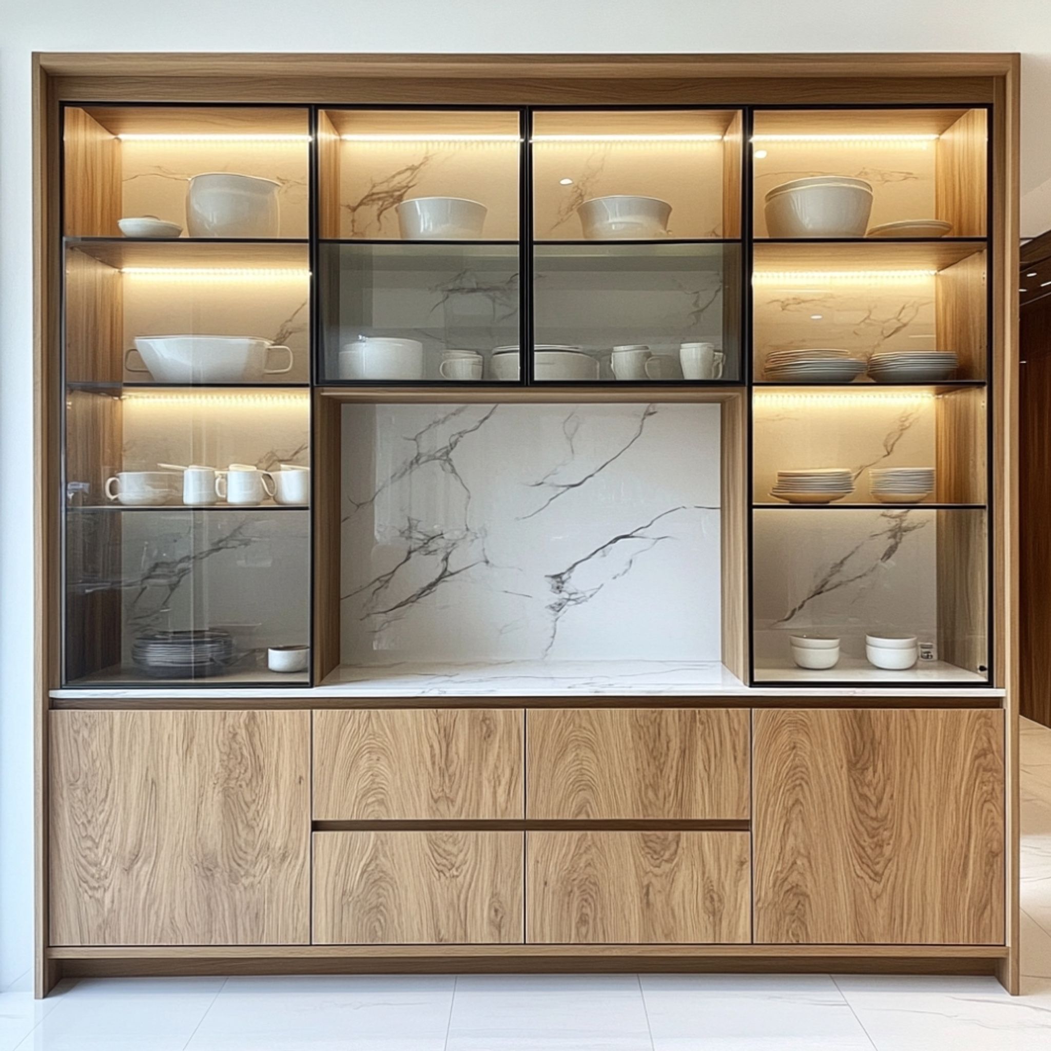 Modern Crockery Unit Design with Shelves with Glass Shutters and Drawer ...