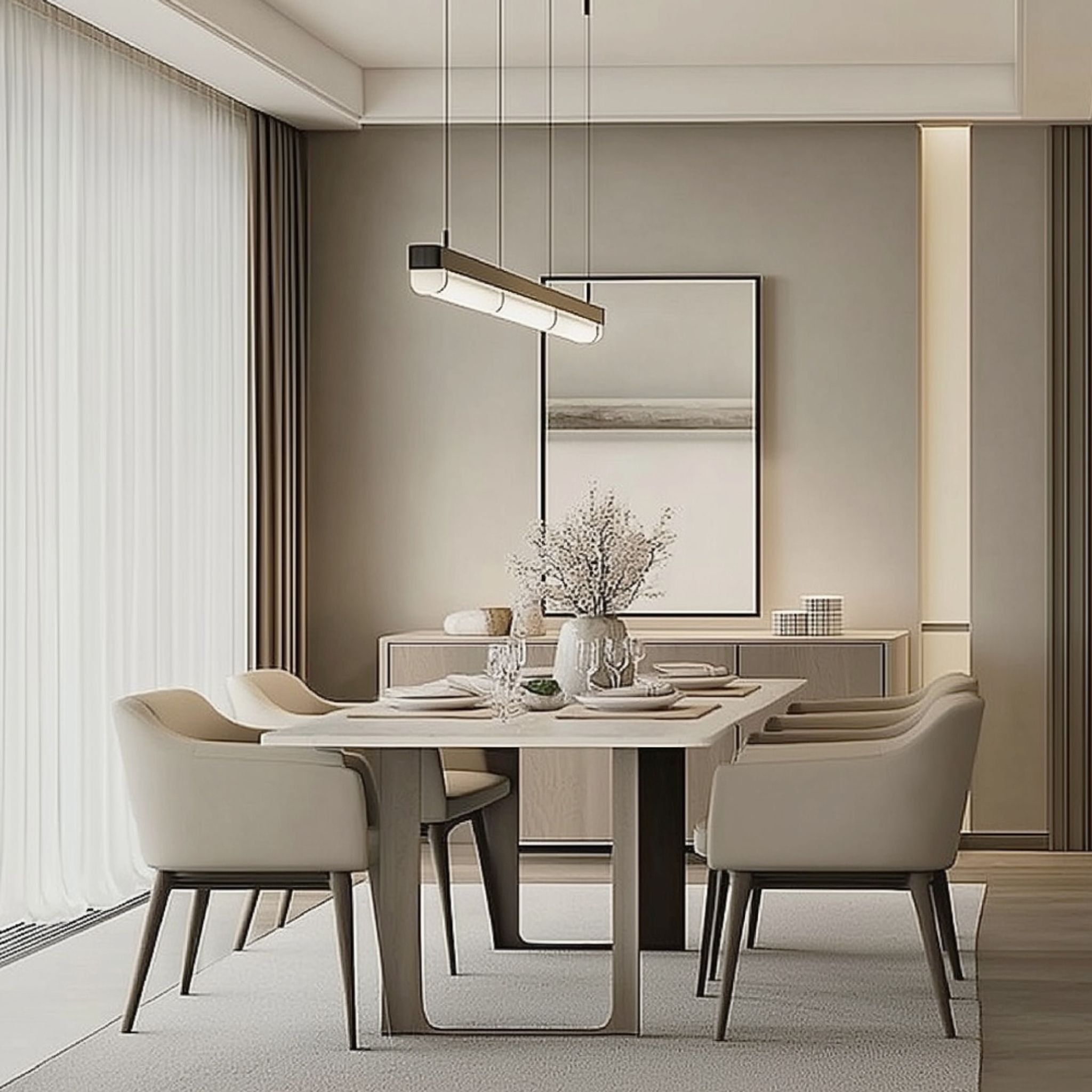Minimalist Dining Room Design with White Table, Upholstered Chairs, and ...