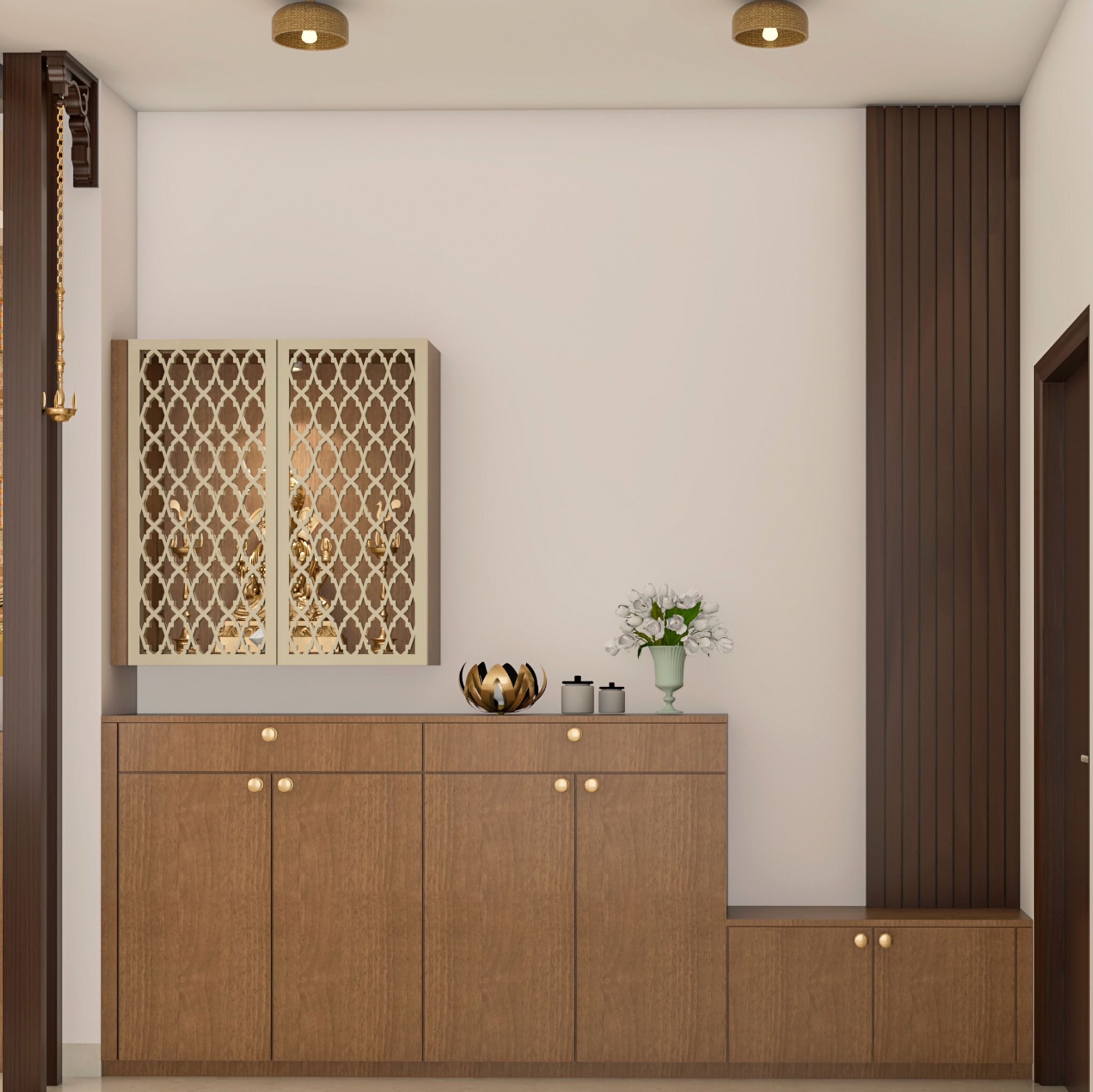 Functional Modern Foyer Design: Shoe Cabinet, Mandir Unit, and Seating ...