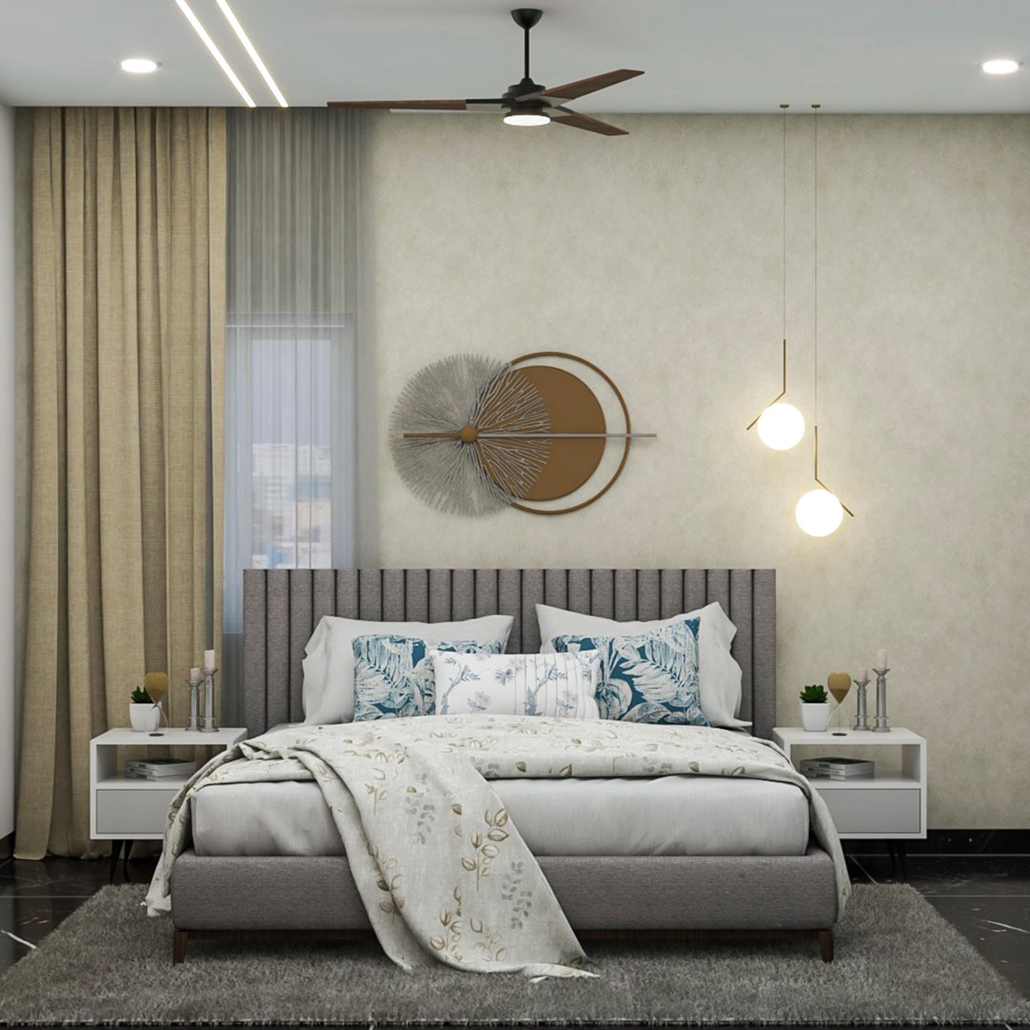 Guest Room Design with Modern King Bed, Beige Wallpaper, and Storage ...