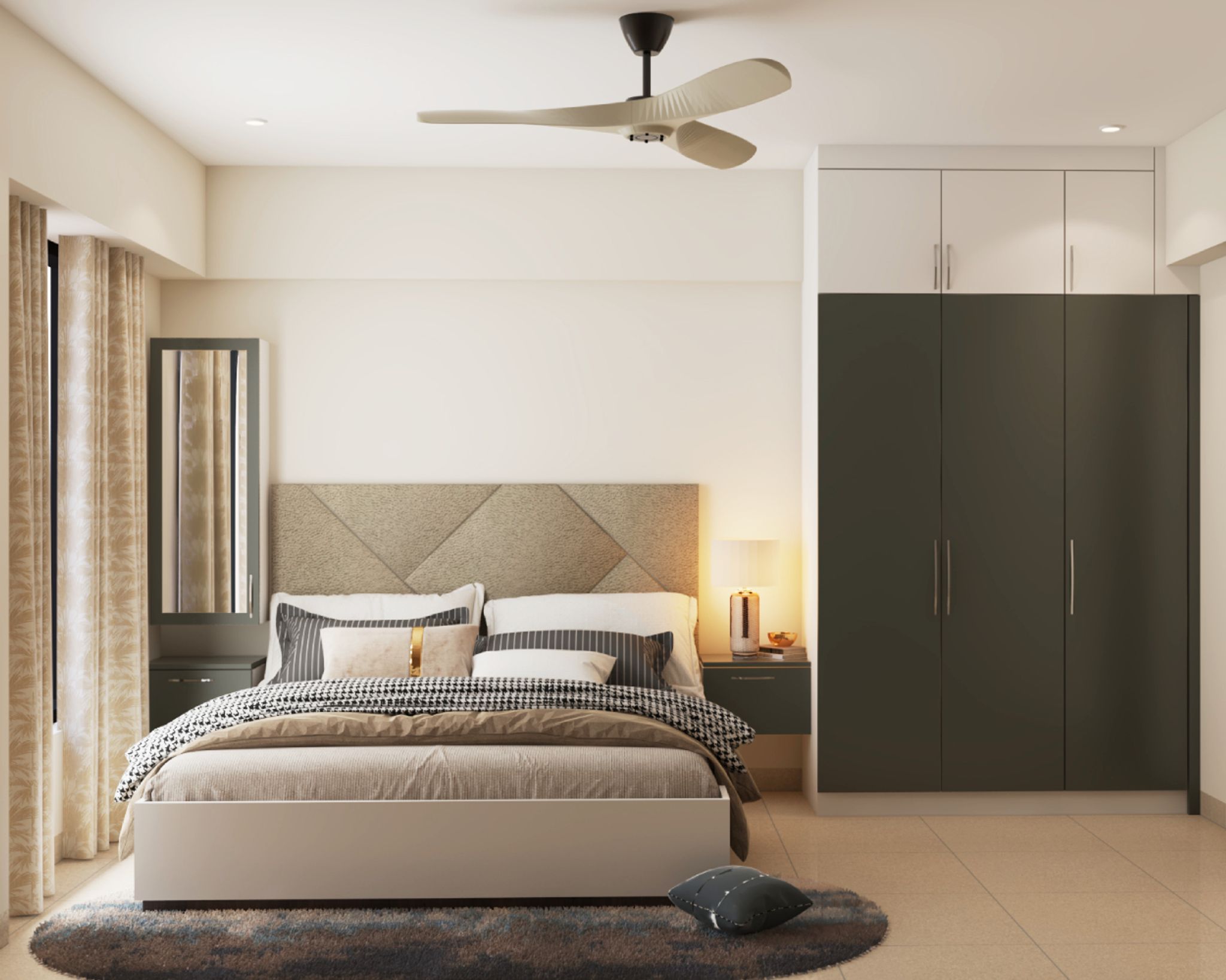 Guest Bedroom Design with Modern Swing Wardrobe, Table Lamp, Dress Unit ...