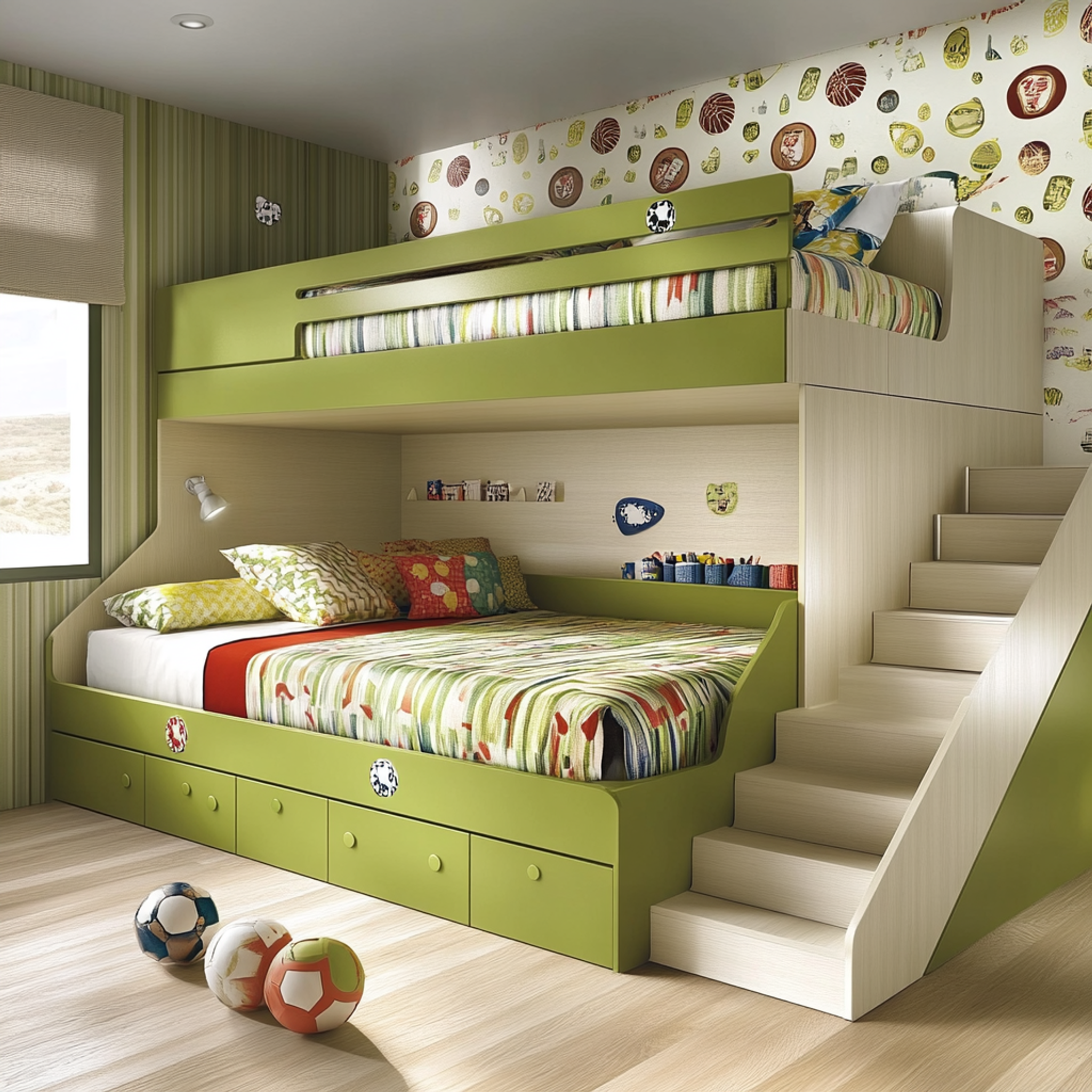 Functional Modern Kids Bedroom Design with Multicolor Wallpaper and ...