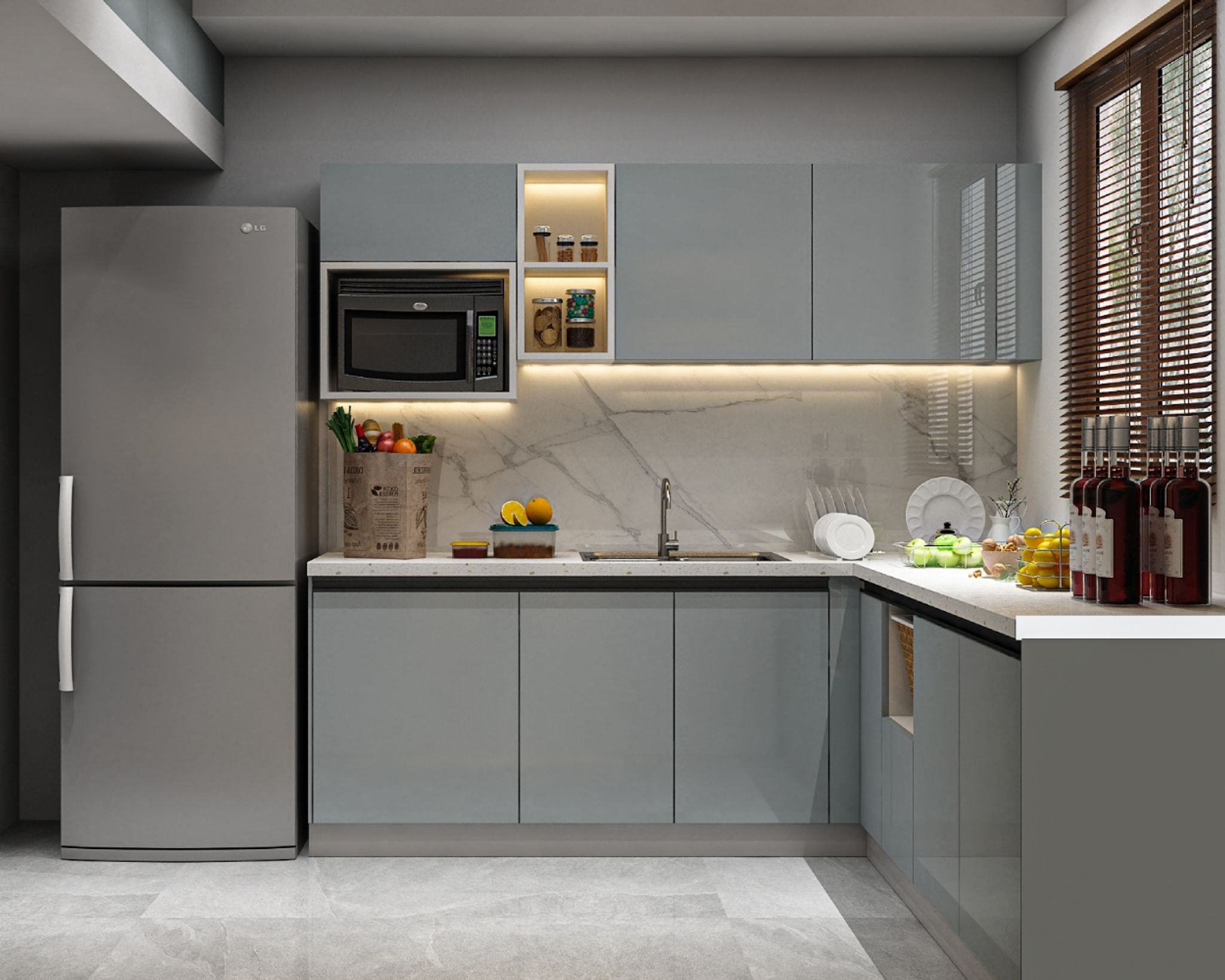 U-Shaped Modern Kitchen Design with Silver Storage Units and Quartz ...