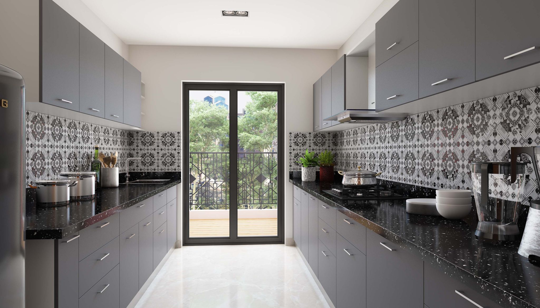 Grey Contemporary Kitchen Design with Granite Countertop and Patterned ...