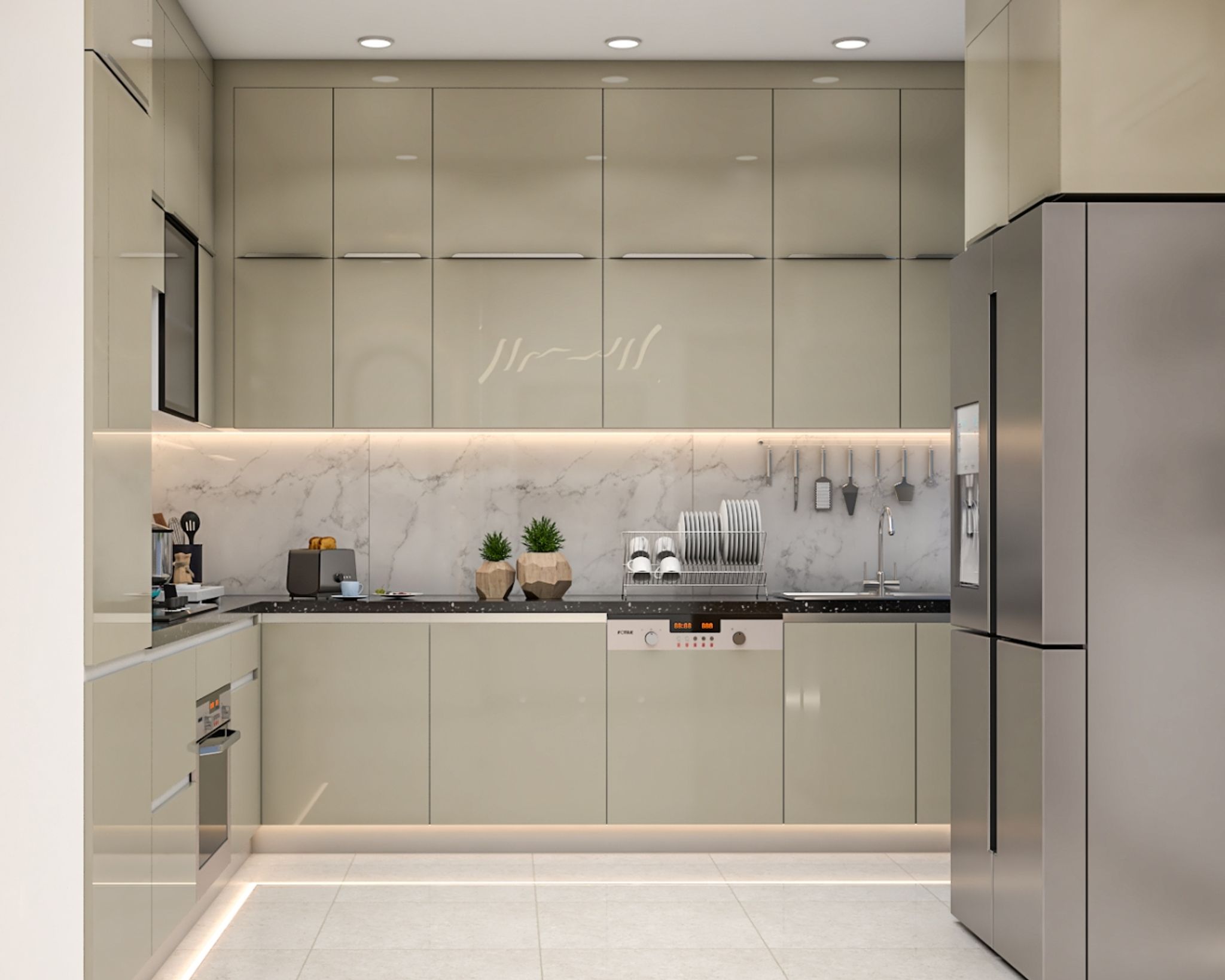 Modern Open Kitchen Design with Gola Profile Handles, Champagne Units ...