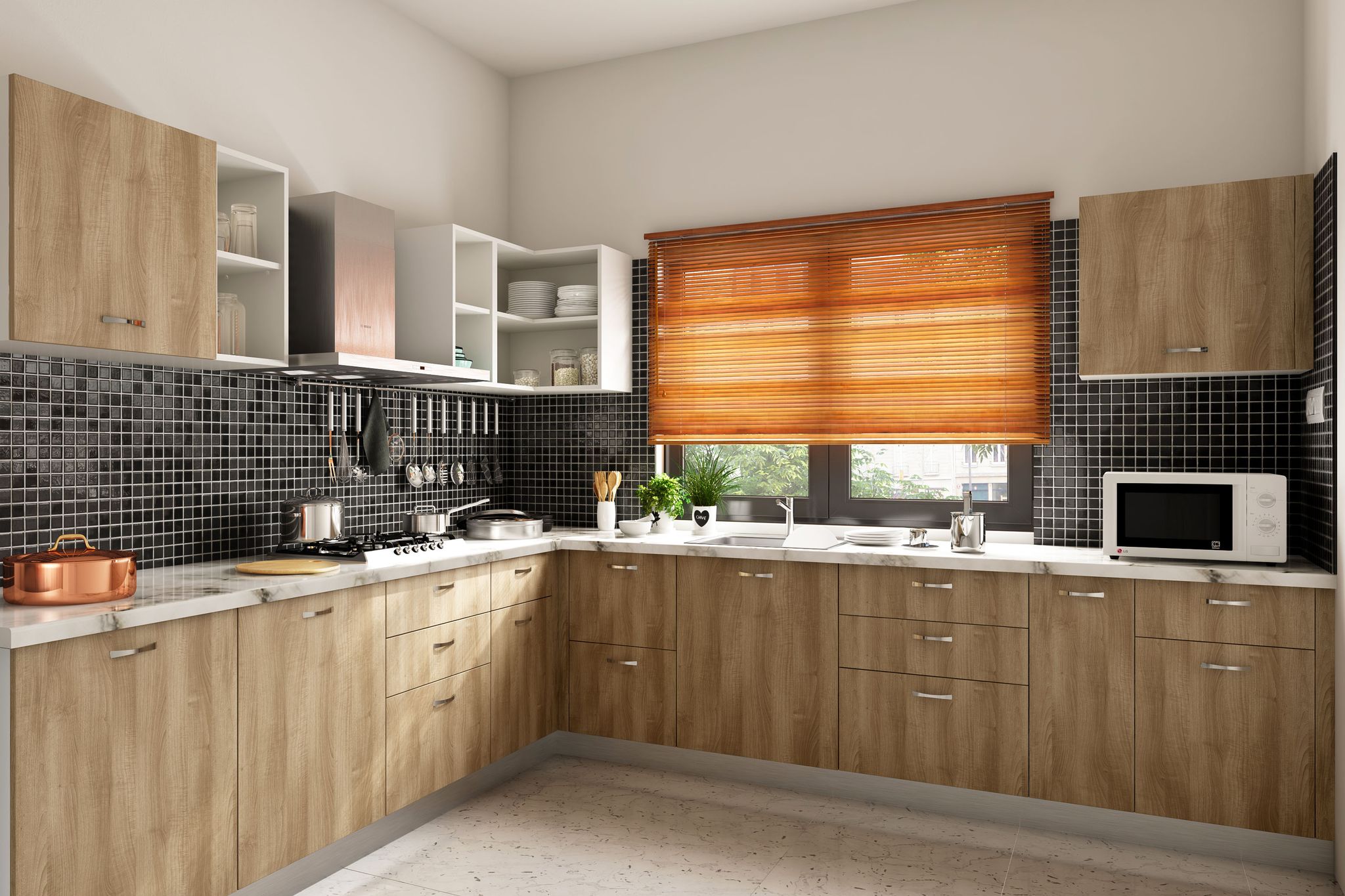 L-Shaped Modern Kitchen Design with Black Mosaic Backsplash and Quartz ...