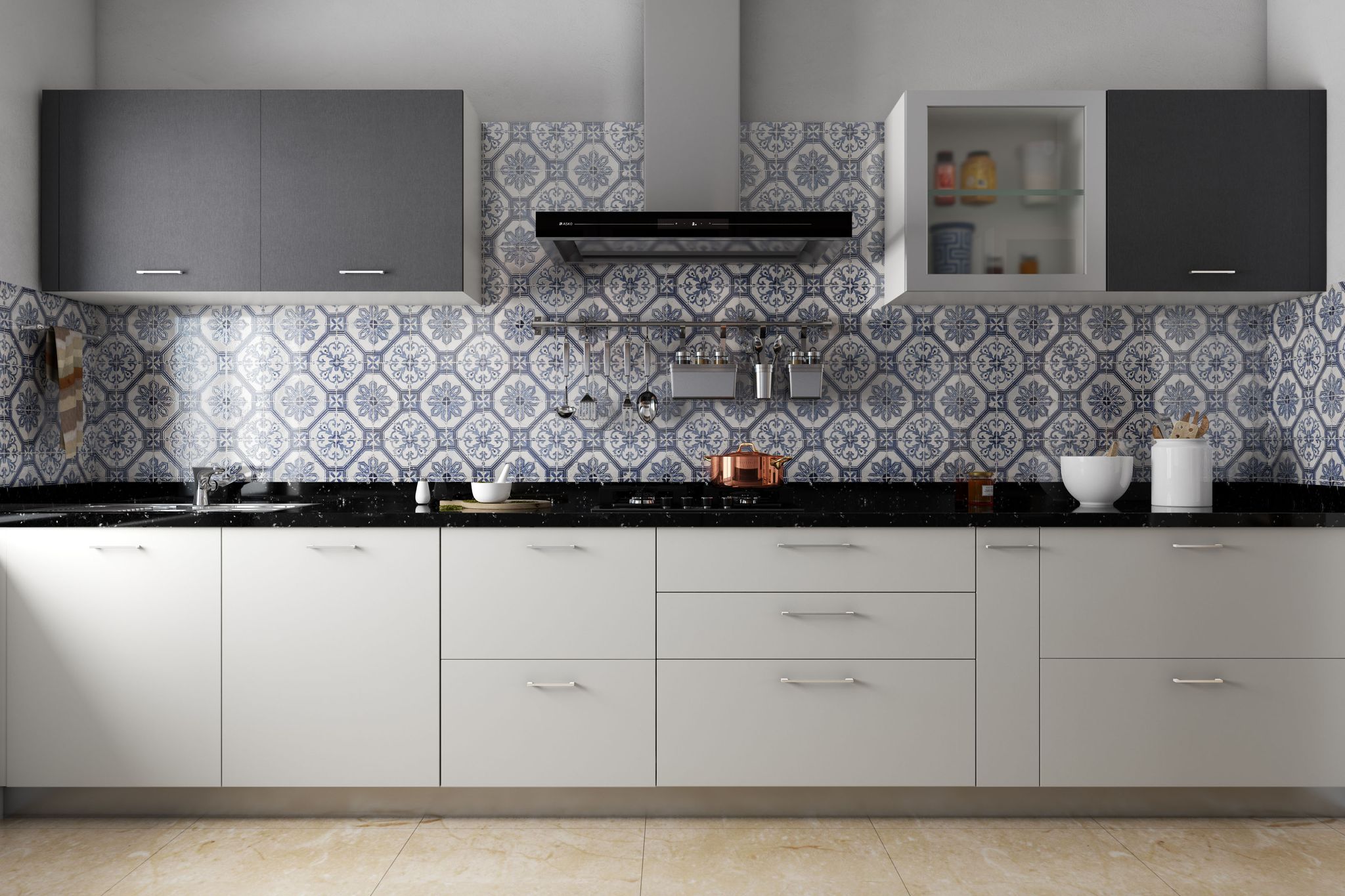 Straight Minimal Kitchen Design with Backsplash, Granite Countertop ...